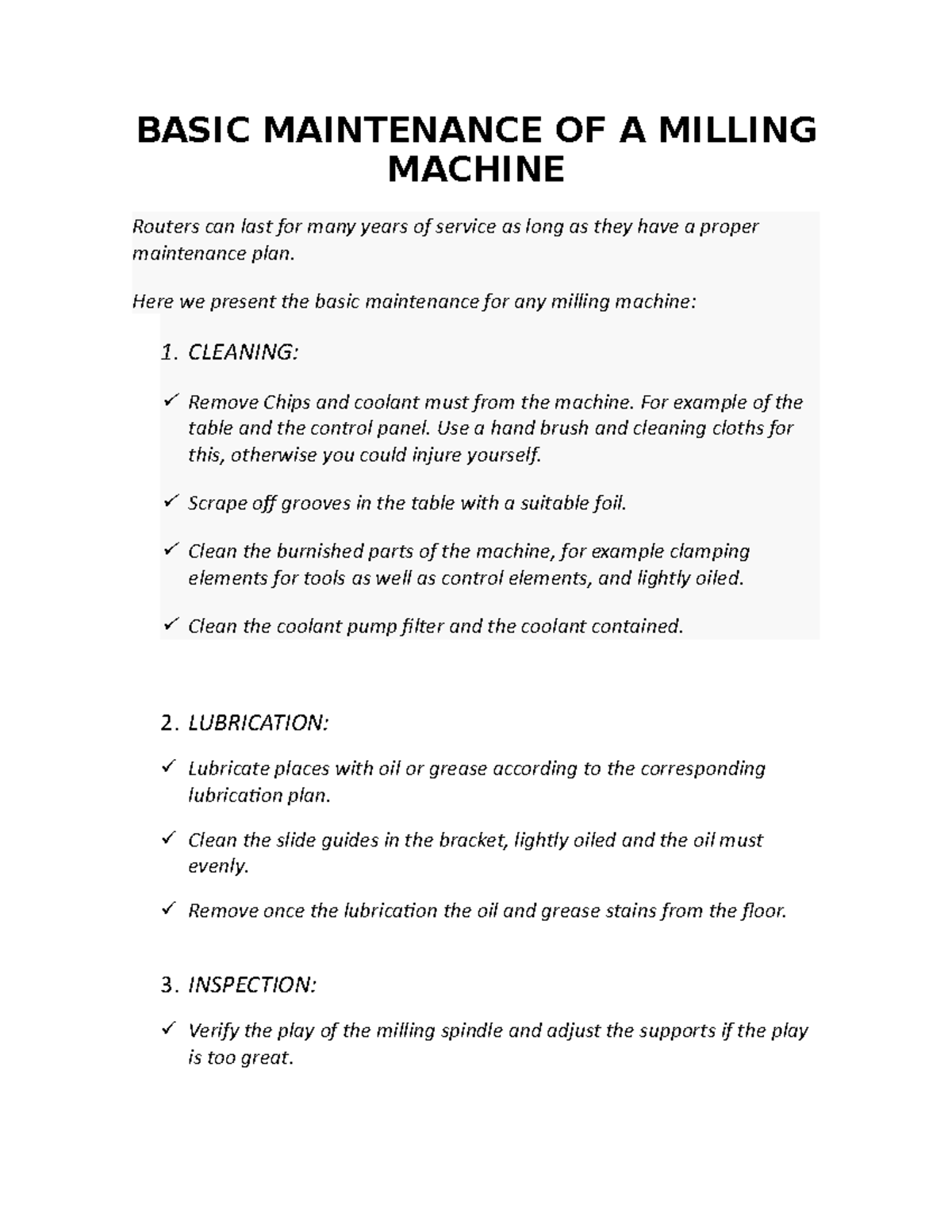 Basic Maintenance OF A Milling Machine-Inglés I 5I2117Basic Maintenance ...