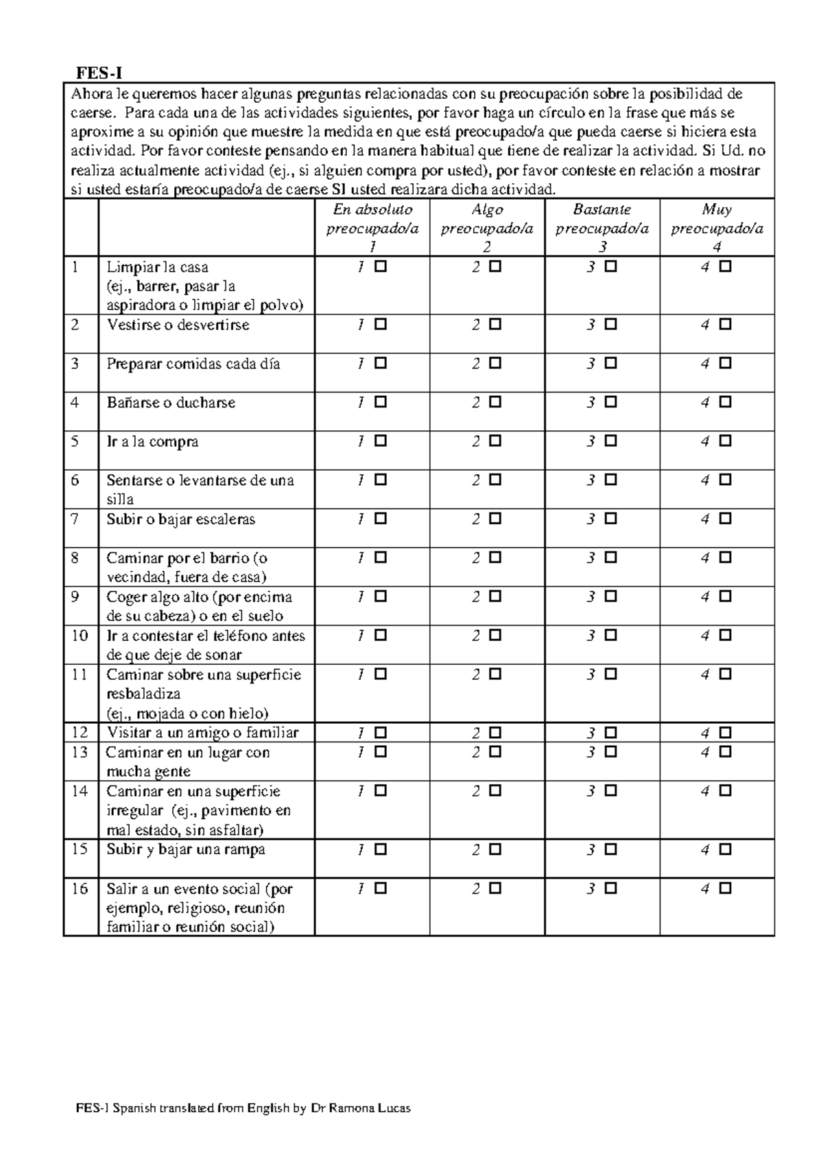 FES-I Spanish - Adulto mayor - FES-I Spanish translated from English by ...