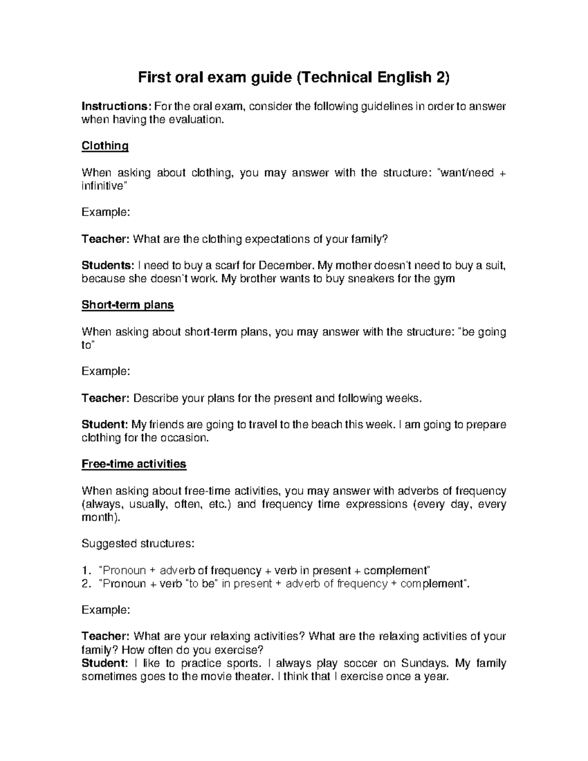 First oral exam guide (TE2) - First oral exam guide (Technical English ...