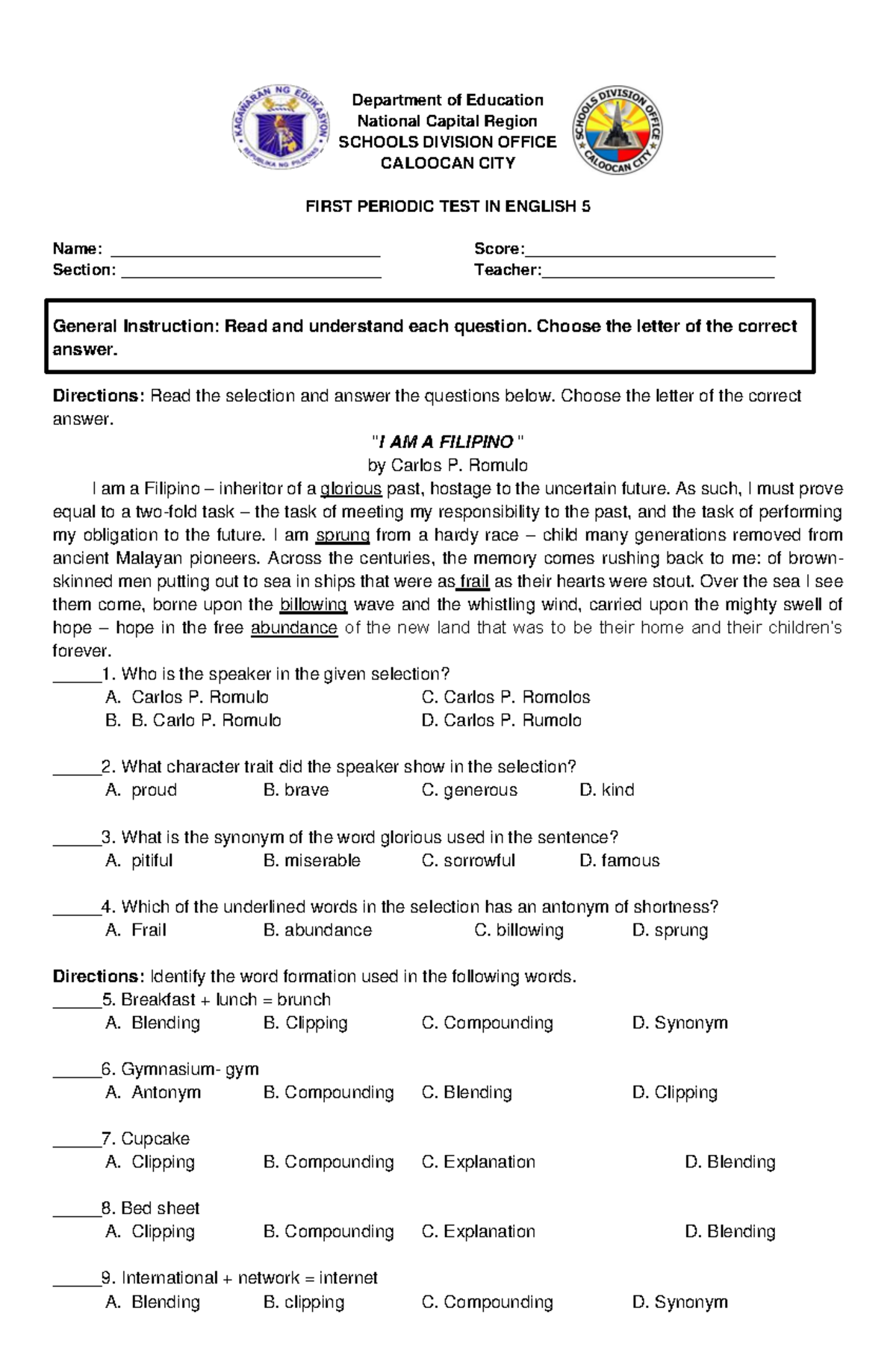 English 5 1st Periodic TEST - Department of Education National Capital ...