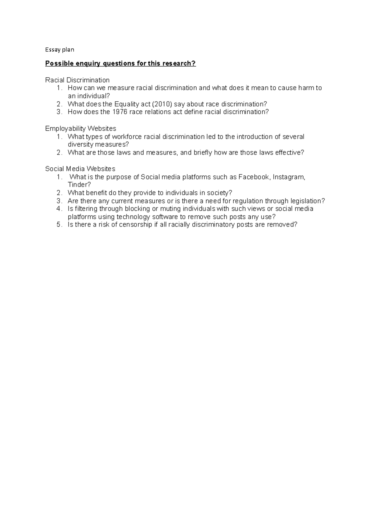 Plan - KNJB - Essay plan Possible enquiry questions for this research ...