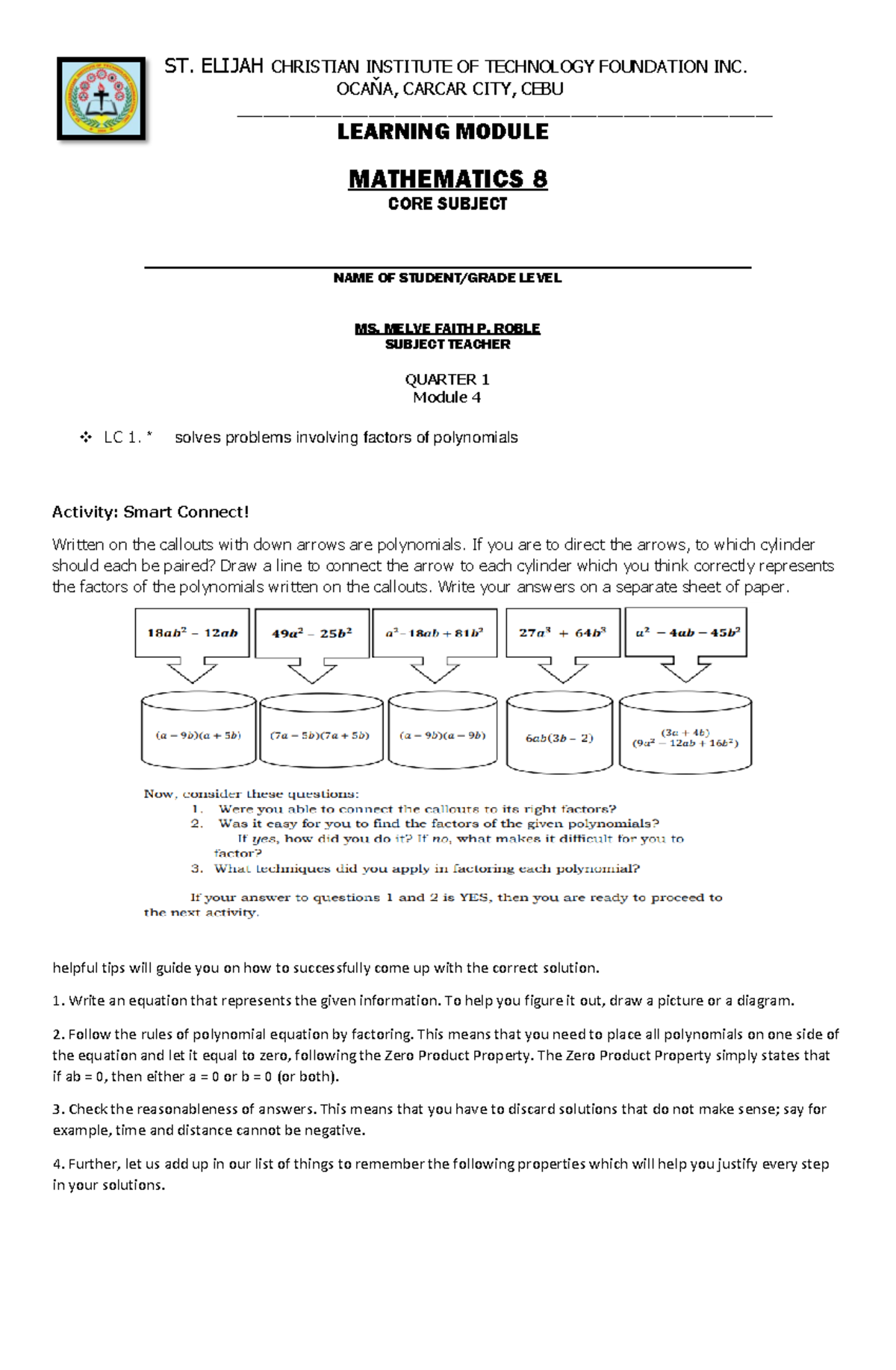 MATH 8 Module WEEK CHER Melve - ST. ELIJAH CHRISTIAN INSTITUTE OF TECHNOLOGY FOUNDATION INC ...