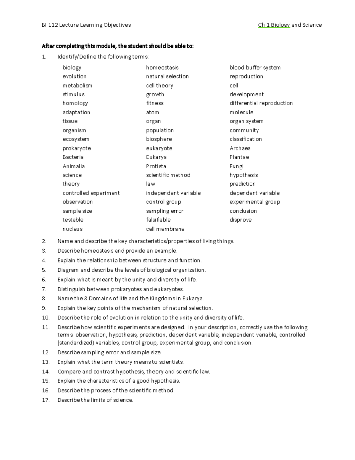 01 - Biology and Science Objectives - BI 112 Lecture Learning ...