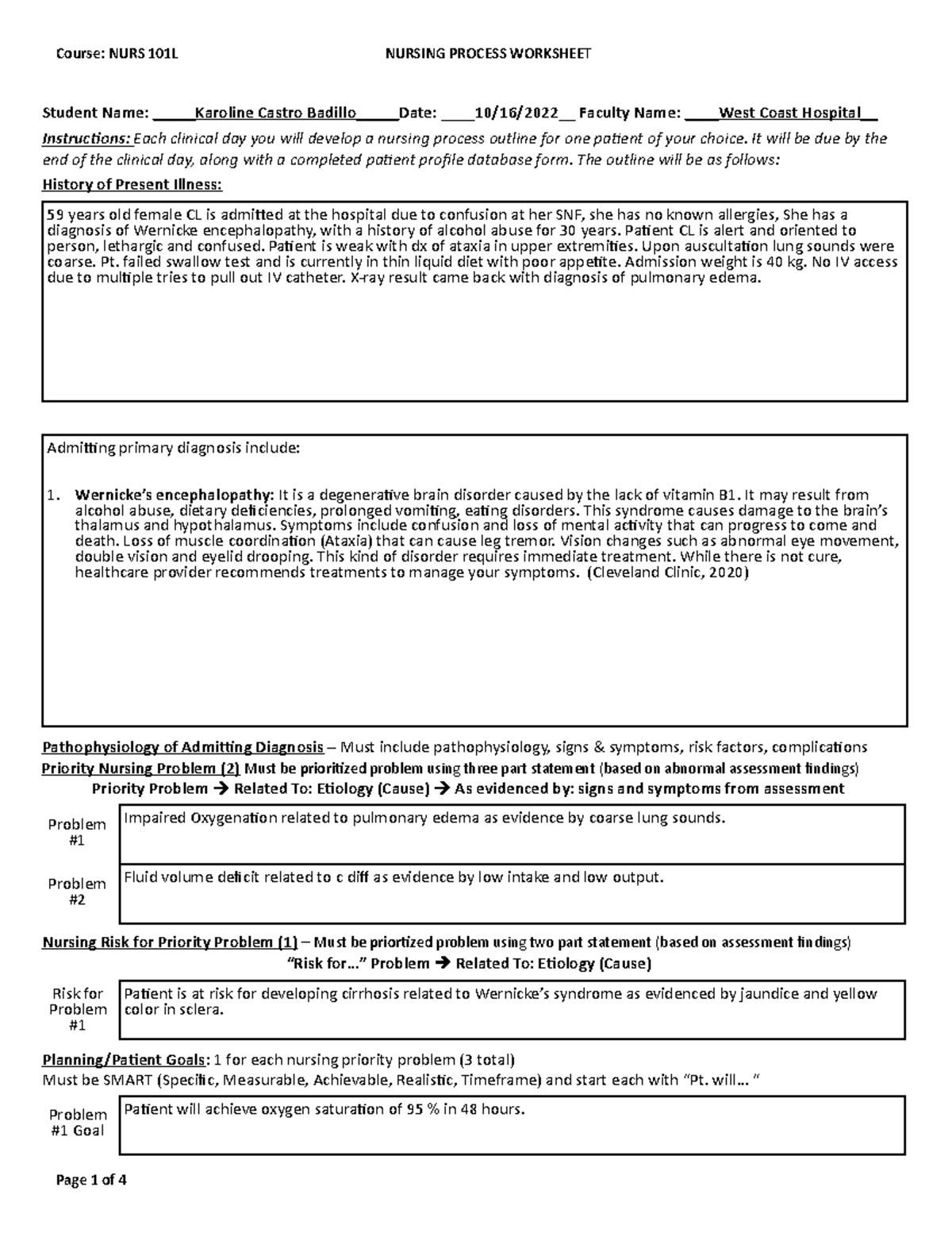 N101L Nursing Process Sheet 4 - Student Name: _____Karoline Castro ...