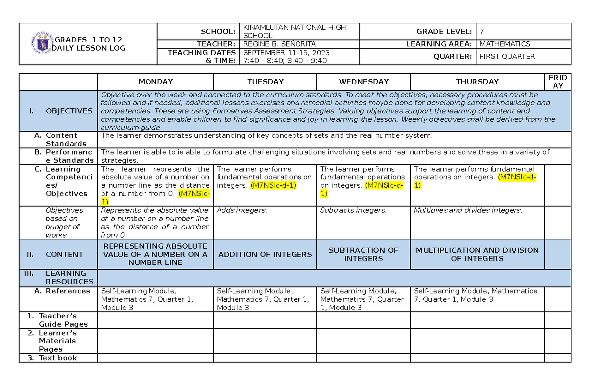 Week 3 (Sept. 11-14) - DLL in Mathematics - GRADES 1 TO 12 DAILY LESSON ...