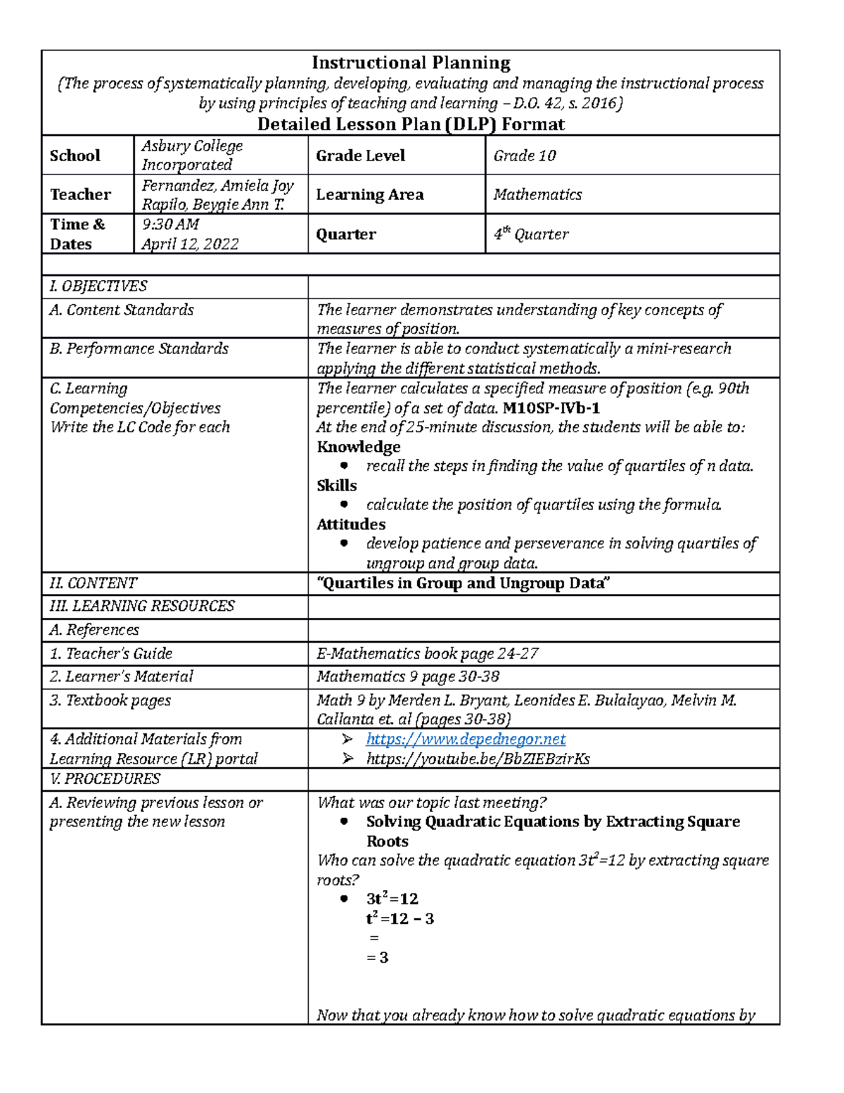 Detailed lesson plan - Instructional Planning (The process of ...