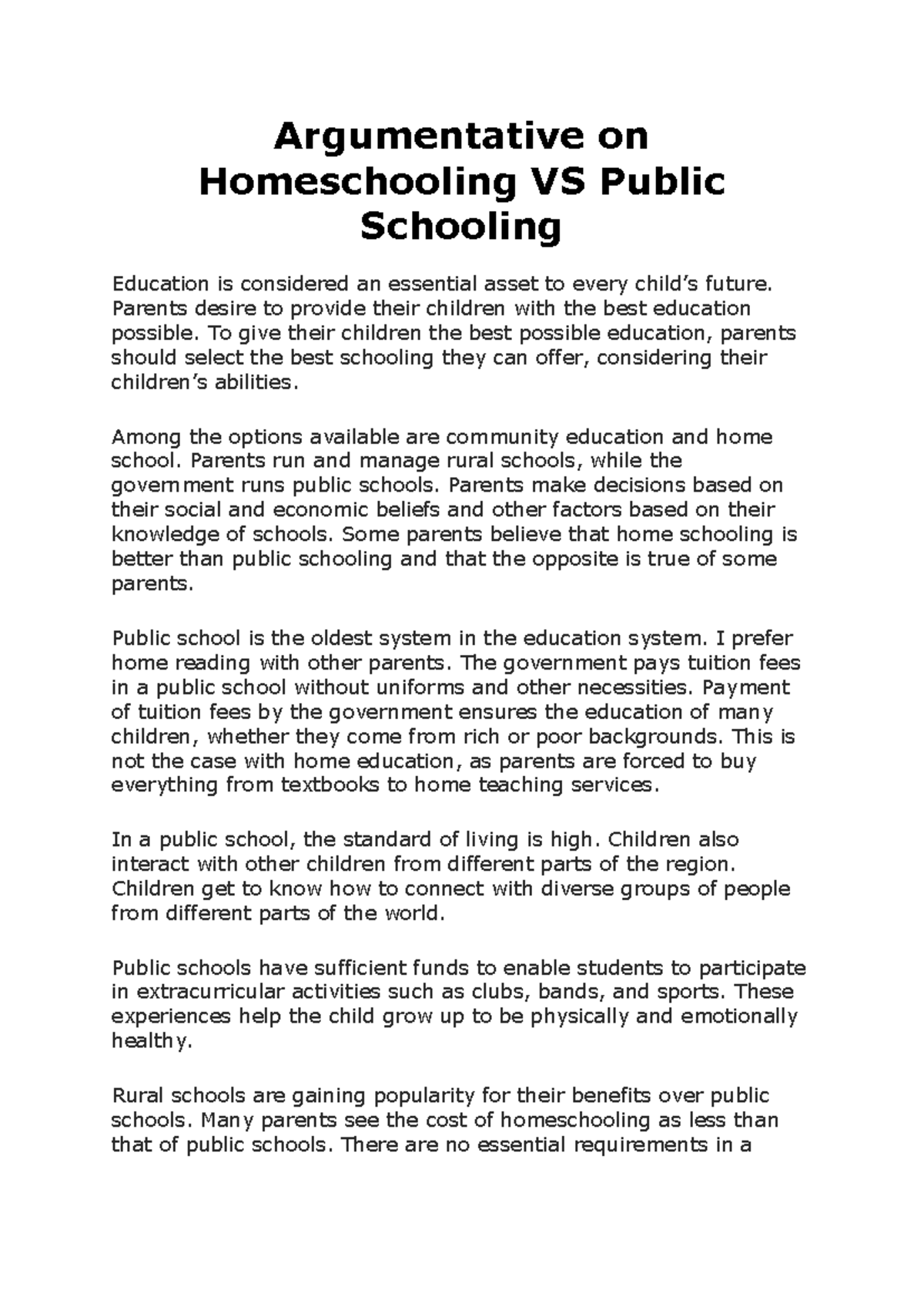 Argumentative on Homeschooling VS Public Schooling elc111 ...