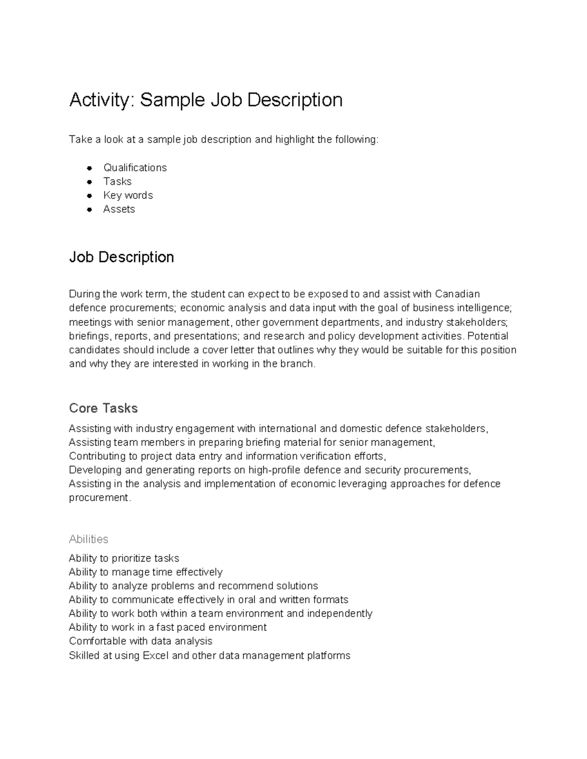 Activity-Sample Job Description - Activity: Sample Job Description Take ...
