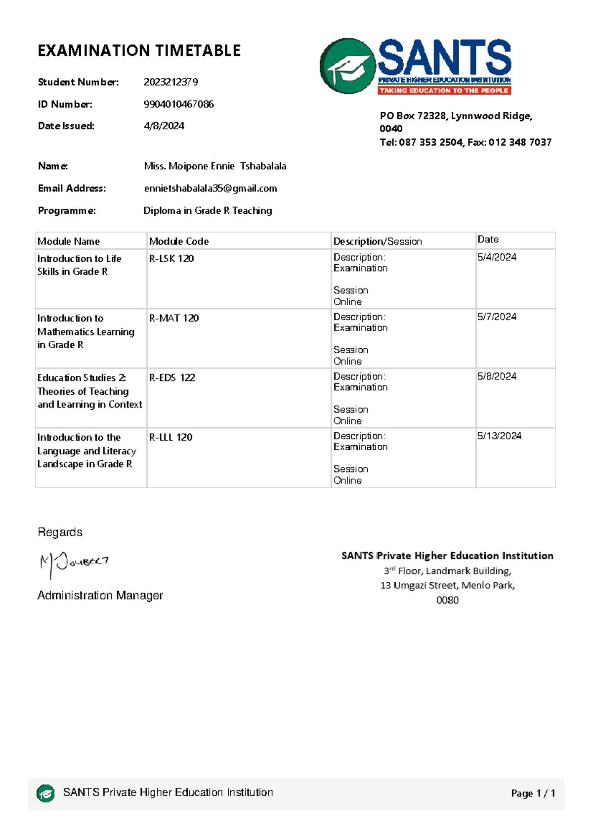User Module Time Table - Module Name Module Code Description/Session ...