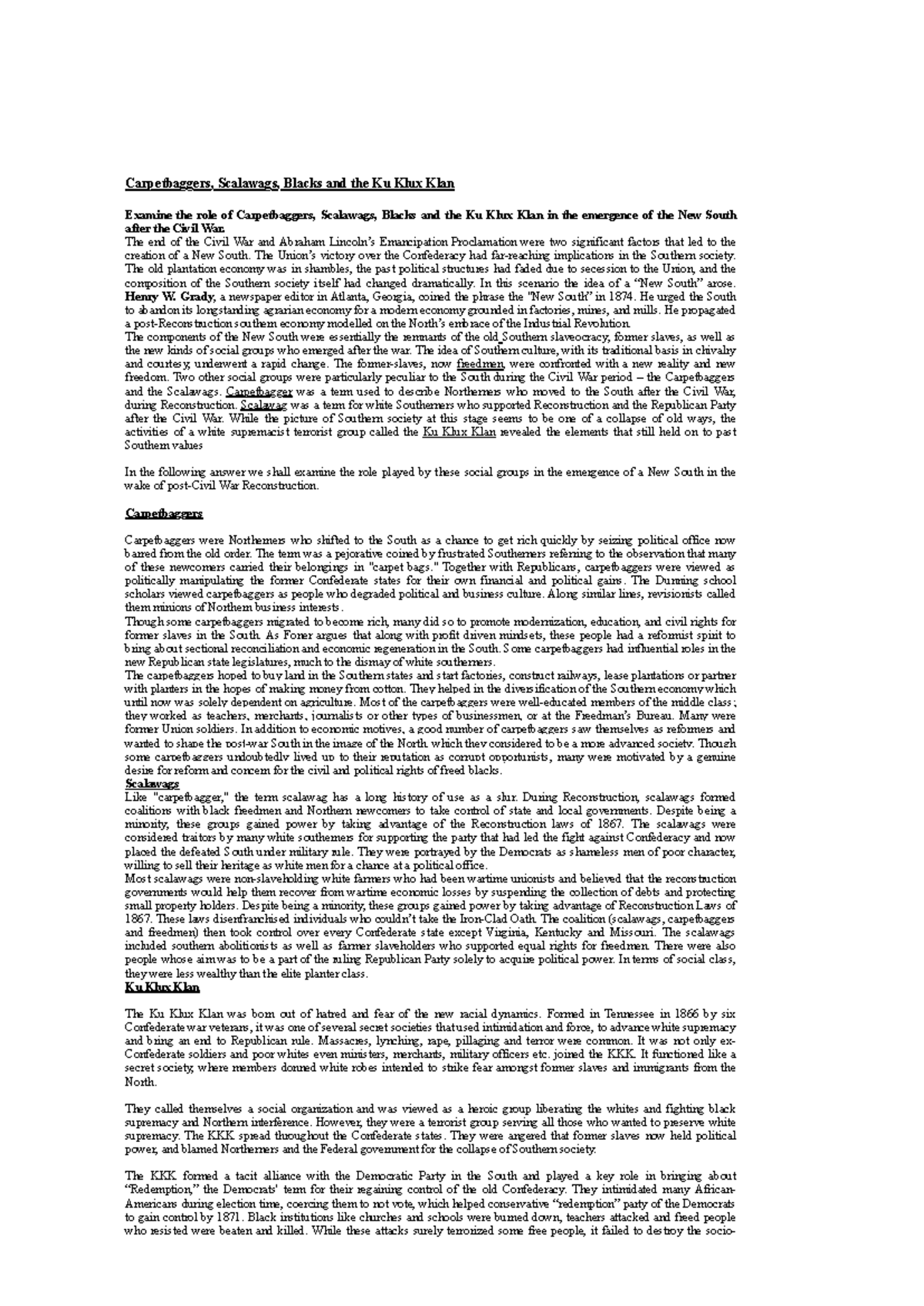 Reconstruction - Role of Carpetbaggers, Scalawags, Blacks and KKK ...