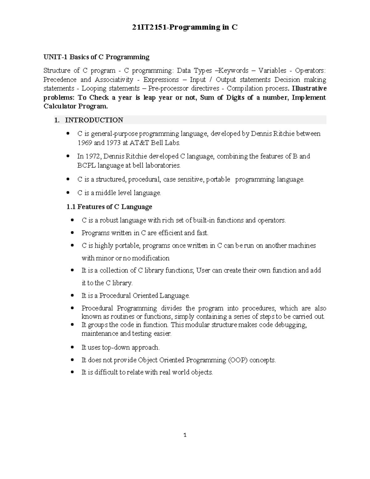 UNIT-1 - Programming in c - 21IT2151-Programming in C UNIT-1 Basics of C Programming Structure ...