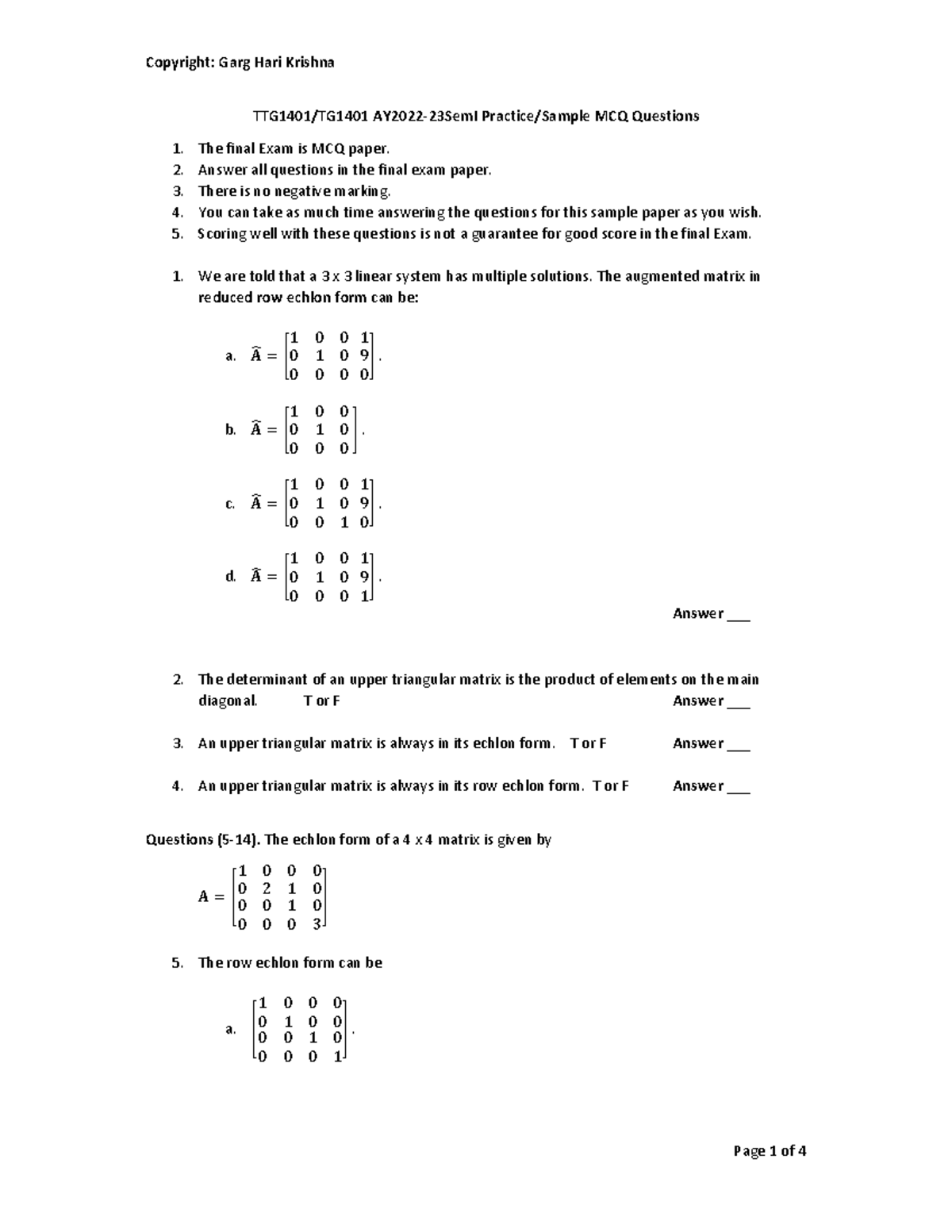 T TG1401 AY2022-23 Practice(Sample) MCQ Questions - TTG1401/TG1401 AY2022‐23SemI Practice/Sample ...