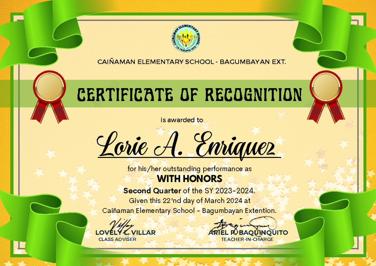2ND Quarter SY 23-24 - CERTIFICATE OF RECOGNITION Lorie A. Enriquez ...