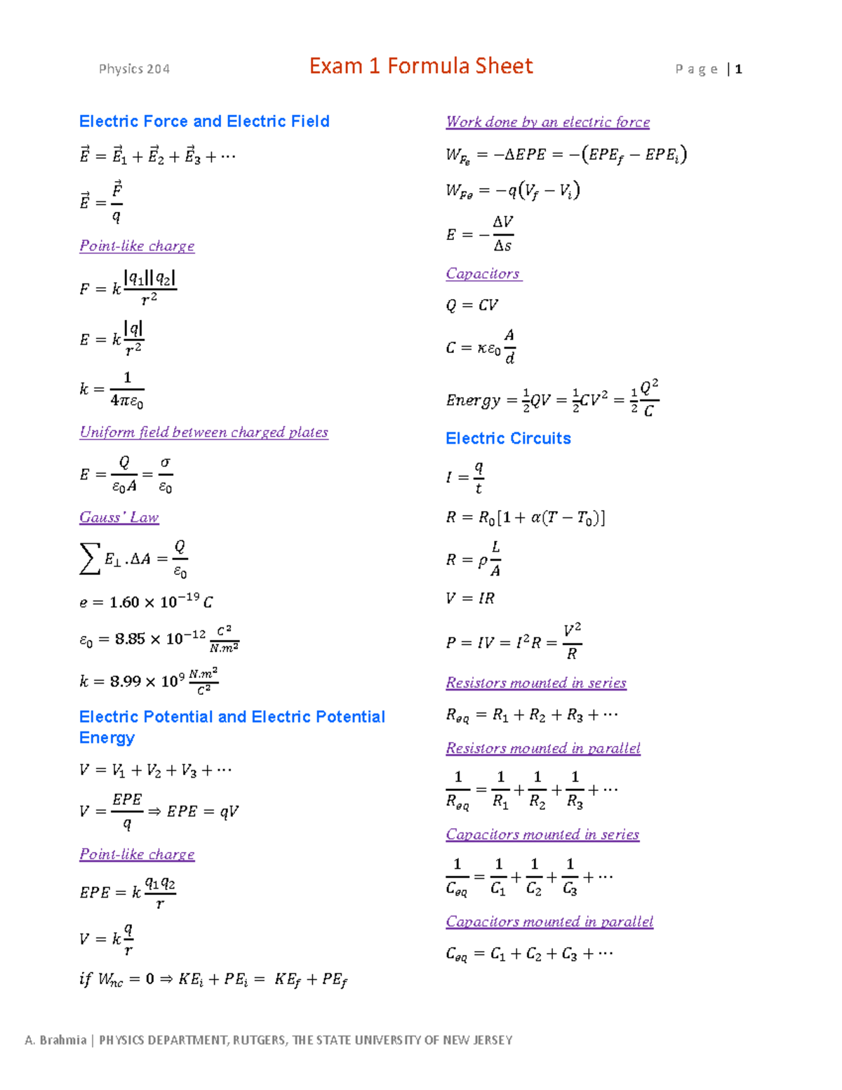 Formula 204 ex1 - Physics 204 Exam 1 Formula Sheet P a g e | 1 A ...