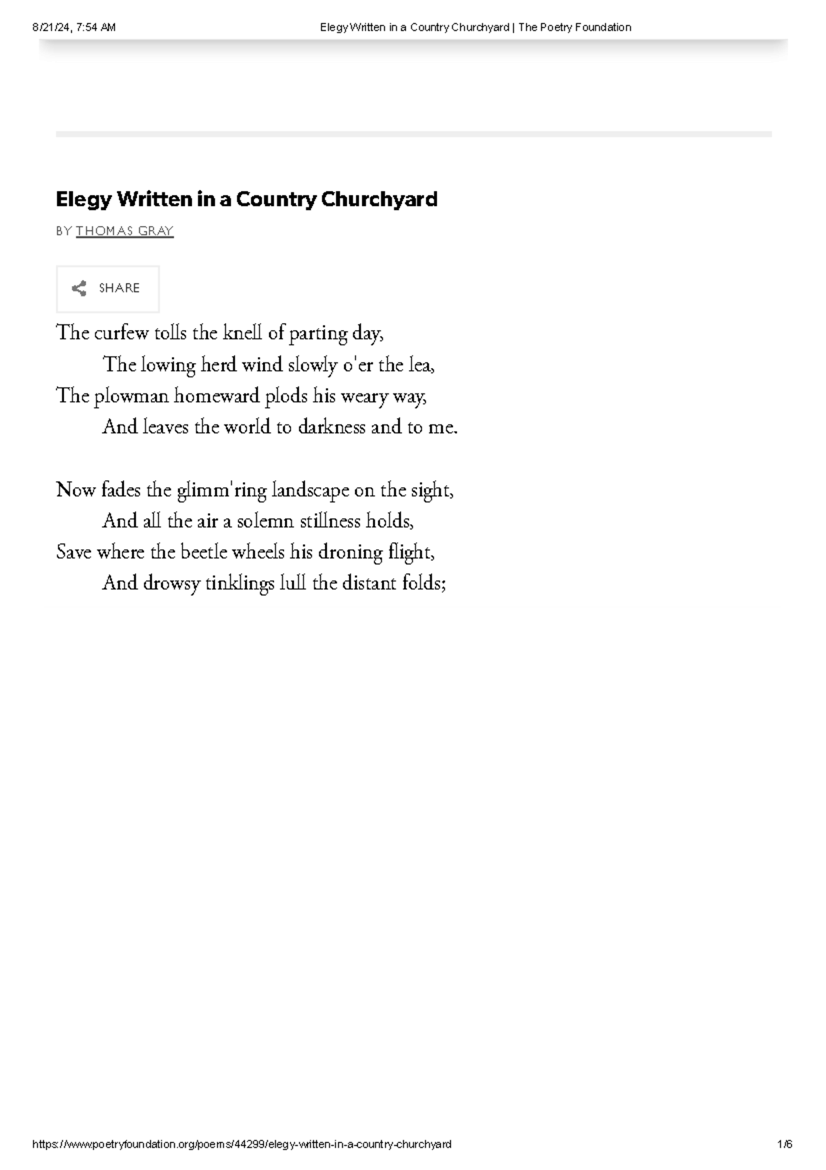 Elegy Written in a Country Churchyard - Now fades the glimm'ring ...
