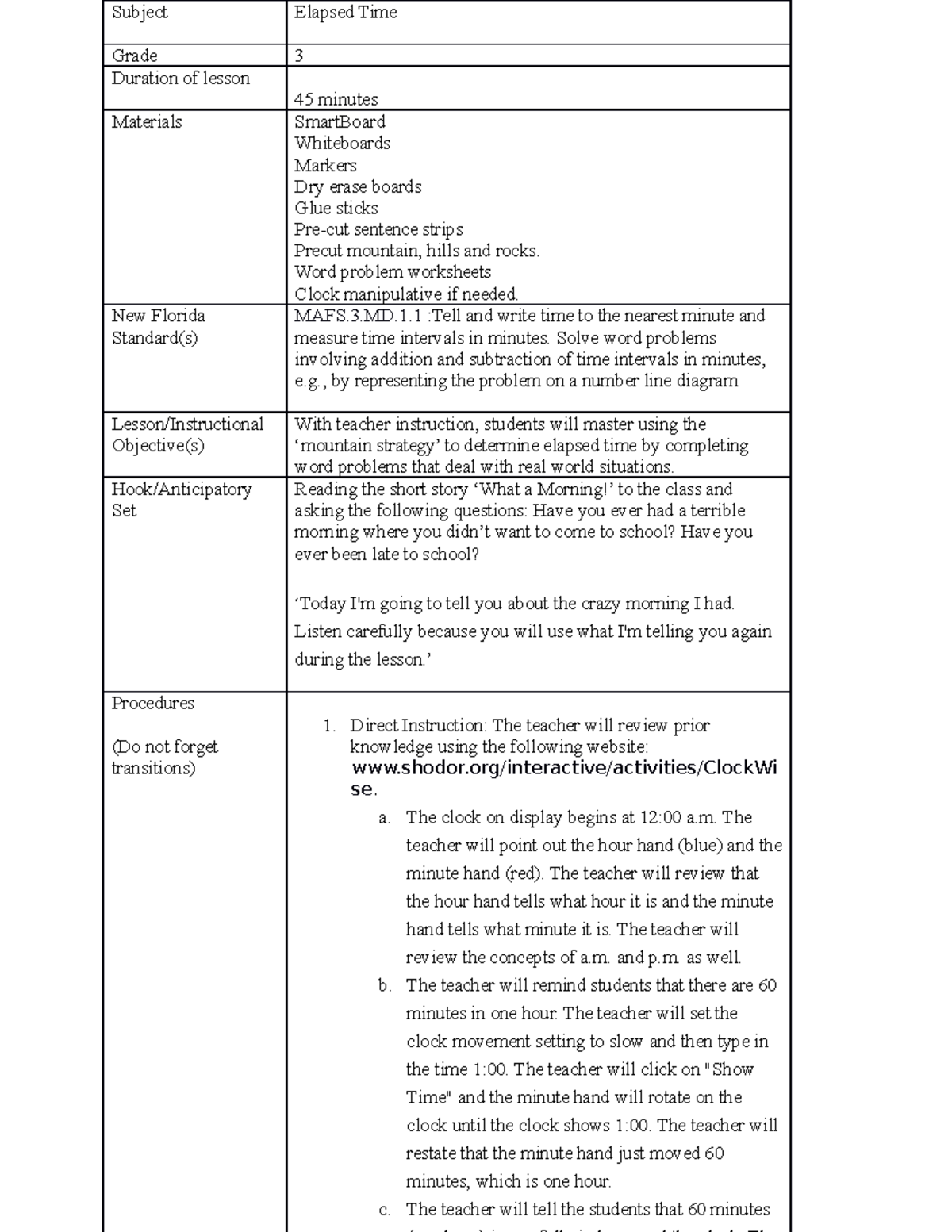 Elapsed Time Lesson with Word Problems - Studocu