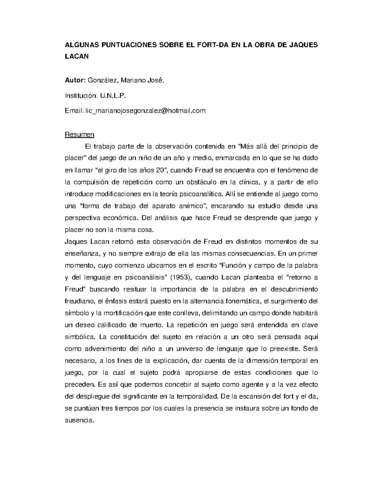 Algunas Puntuaciones Sobre EL FORT-DA EN LA OBRA DE Jaques - ALGUNAS ...