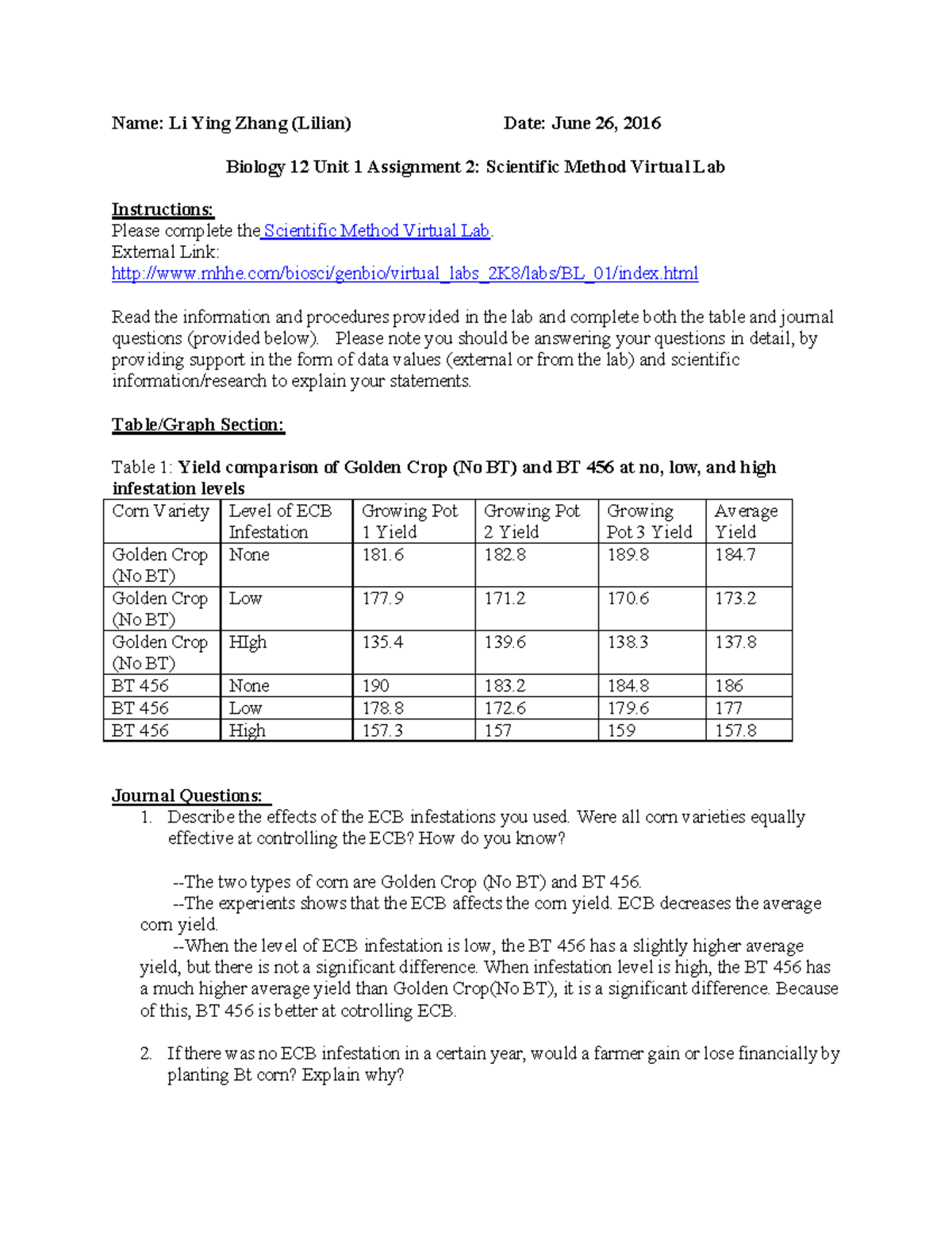 Unit 1 assignment 21 - Svah - Name: Li Ying Zhang (Lilian) Date: June 26, 2016 Biology 12 Unit 1 ...