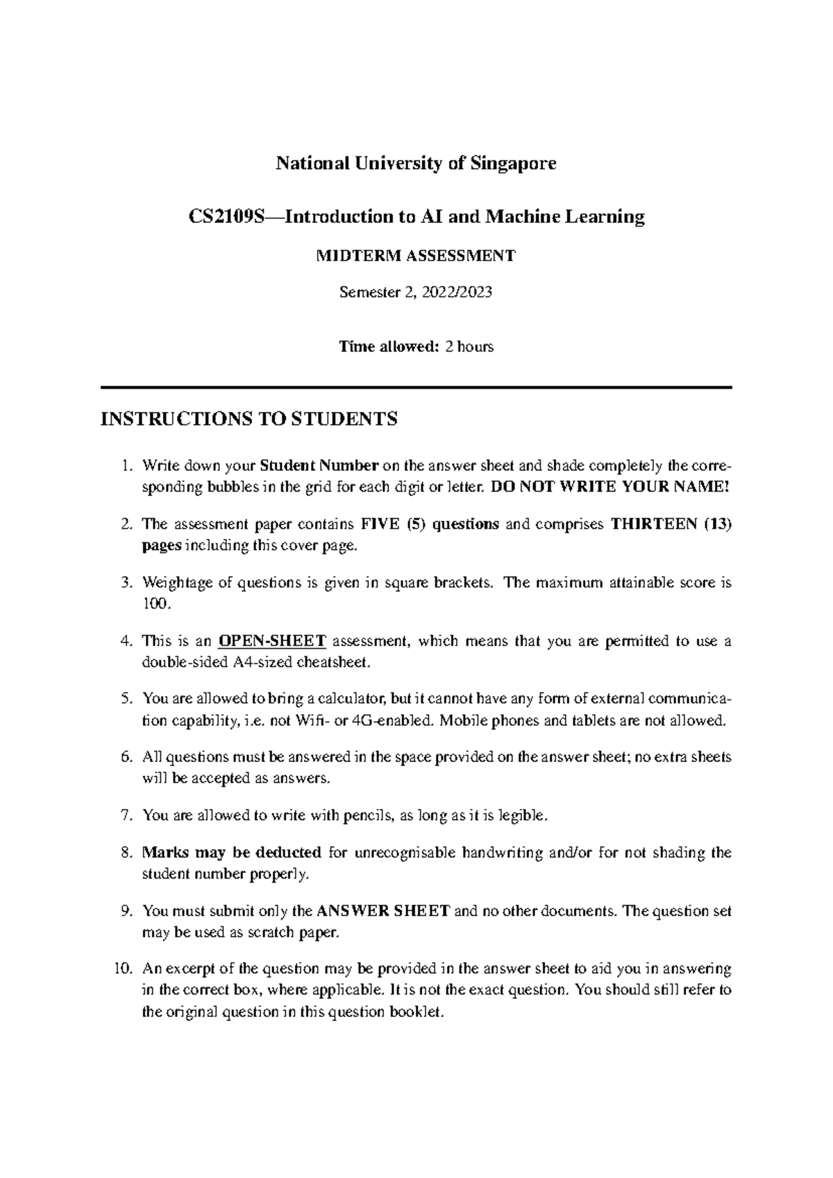 Cs2109s midterm 2022 S2 qns ans sol - National University of Singapore CS2109S—Introduction to ...