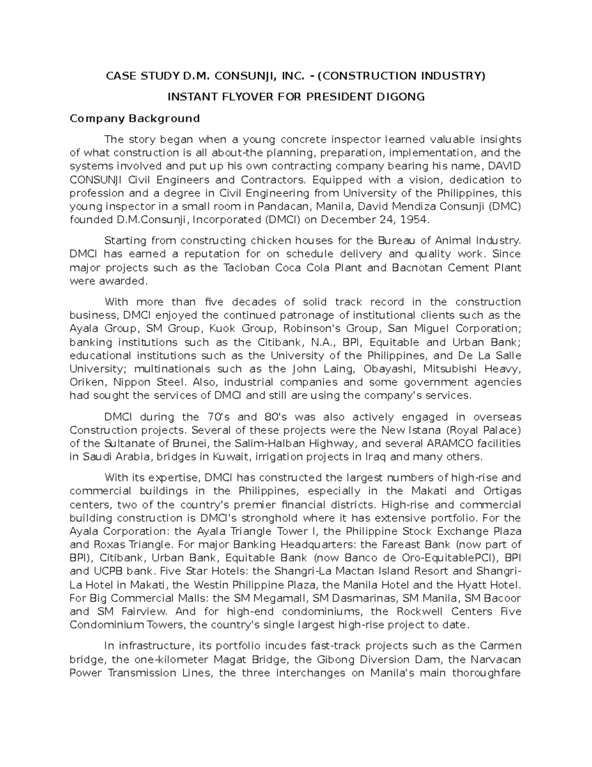 CASE- Study-D.M - CASE STIDY - CASE STUDY D. CONSUNJI, INC. - (CONSTRUCTION INDUSTRY) INSTANT ...