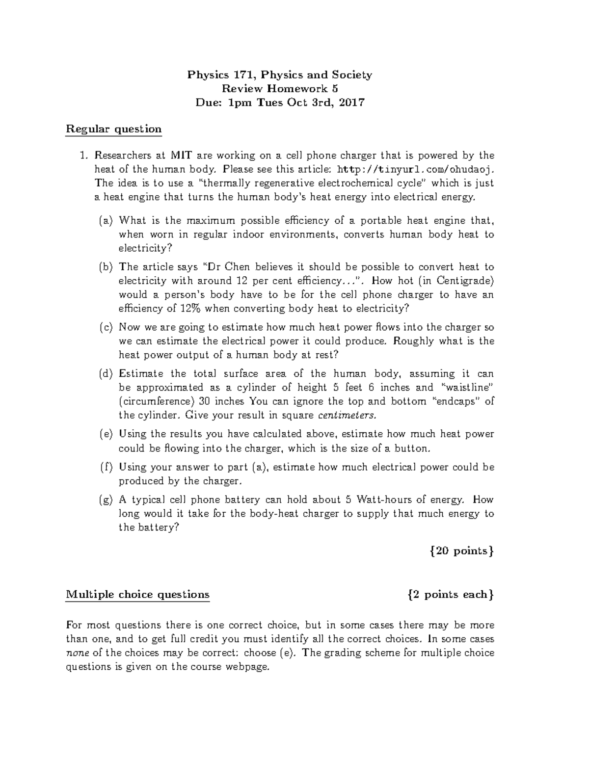 2017-2018 Homework 5 - Physics 171, Physics and Society Review Homework ...