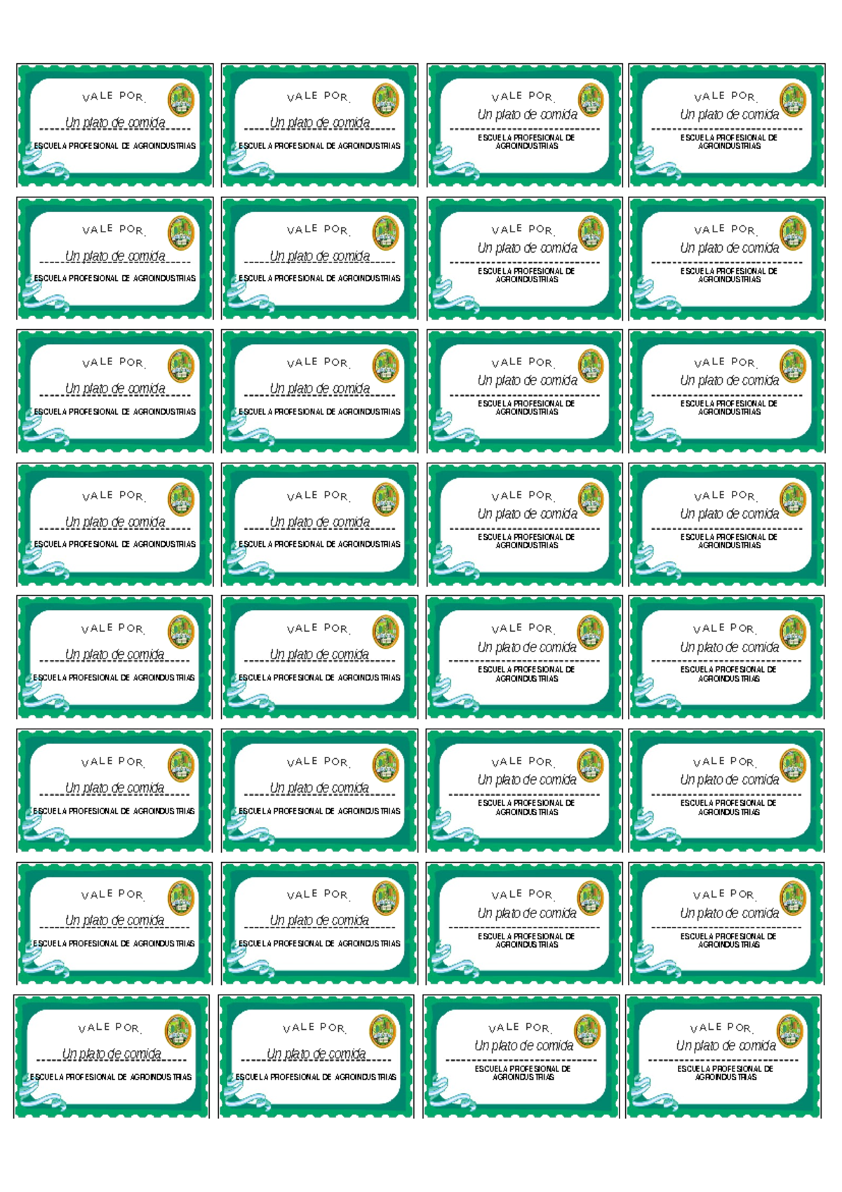 Tickets Tamaño Pequeño - Imprimir - Un plato de comida ESCUELA PROFESIONAL DE AGROINDUSTRIAS Un ...