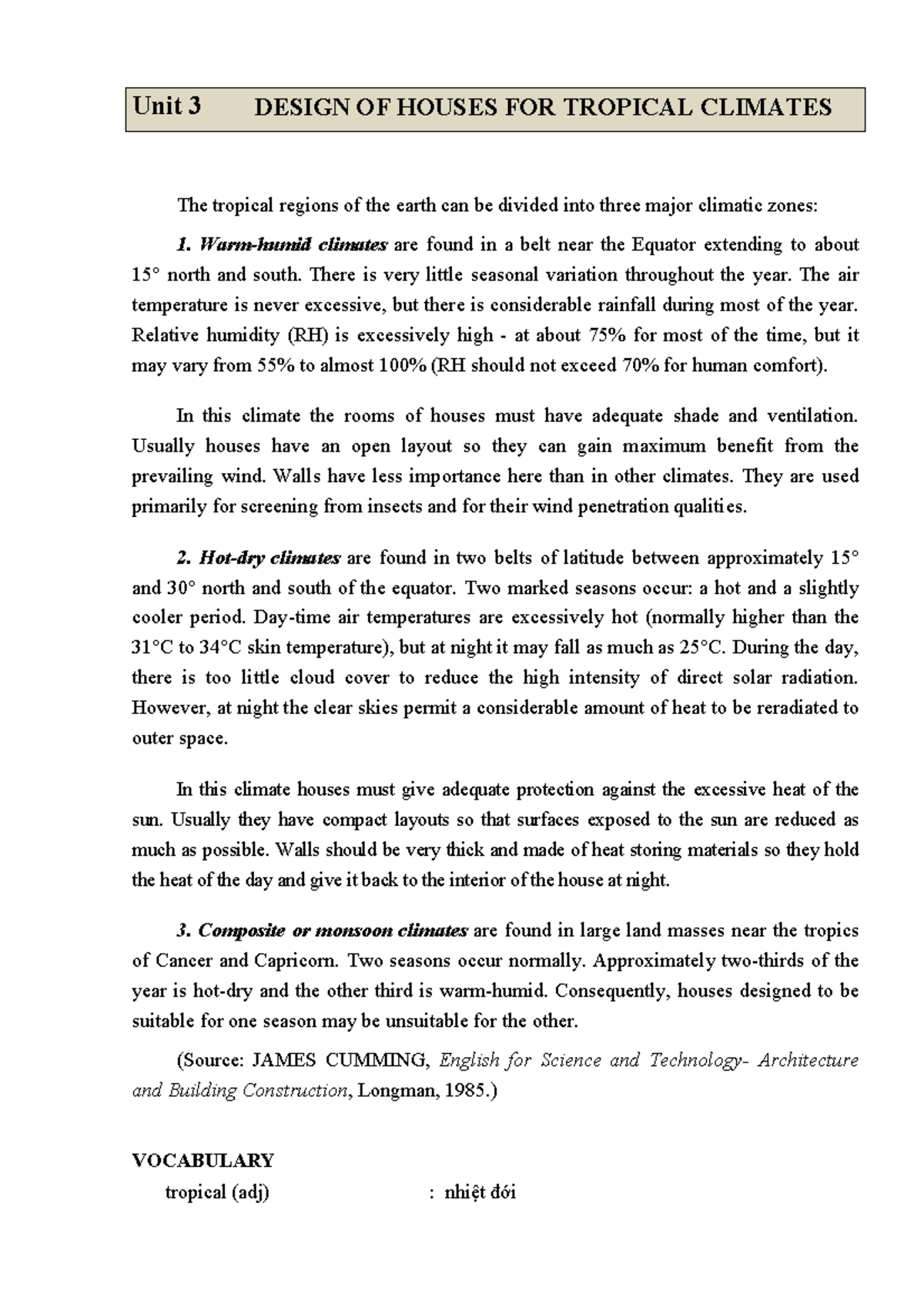 Unit3 - tiếng anh - Unit 3 DESIGN OF HOUSES FOR TROPICAL CLIMATES The ...