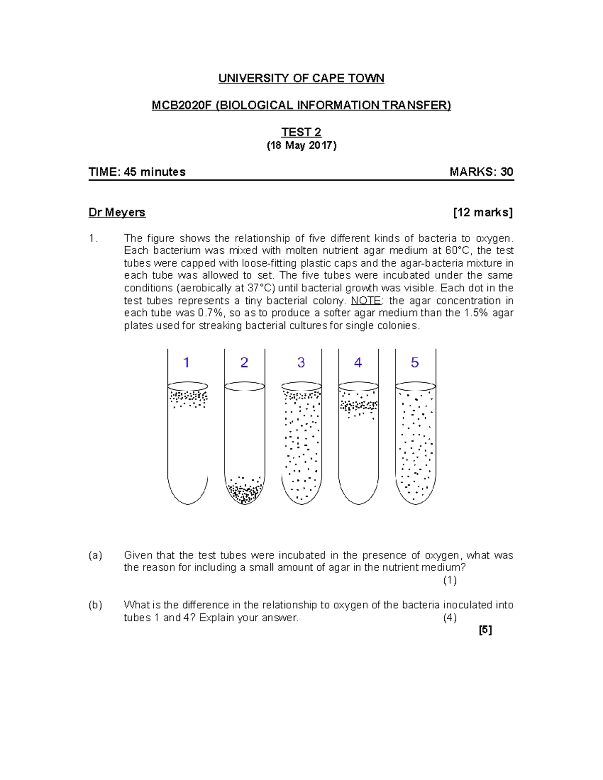 Test 2 2017, questions - UNIVERSITY OF CAPE TOWN MCB2020F (BIOLOGICAL ...