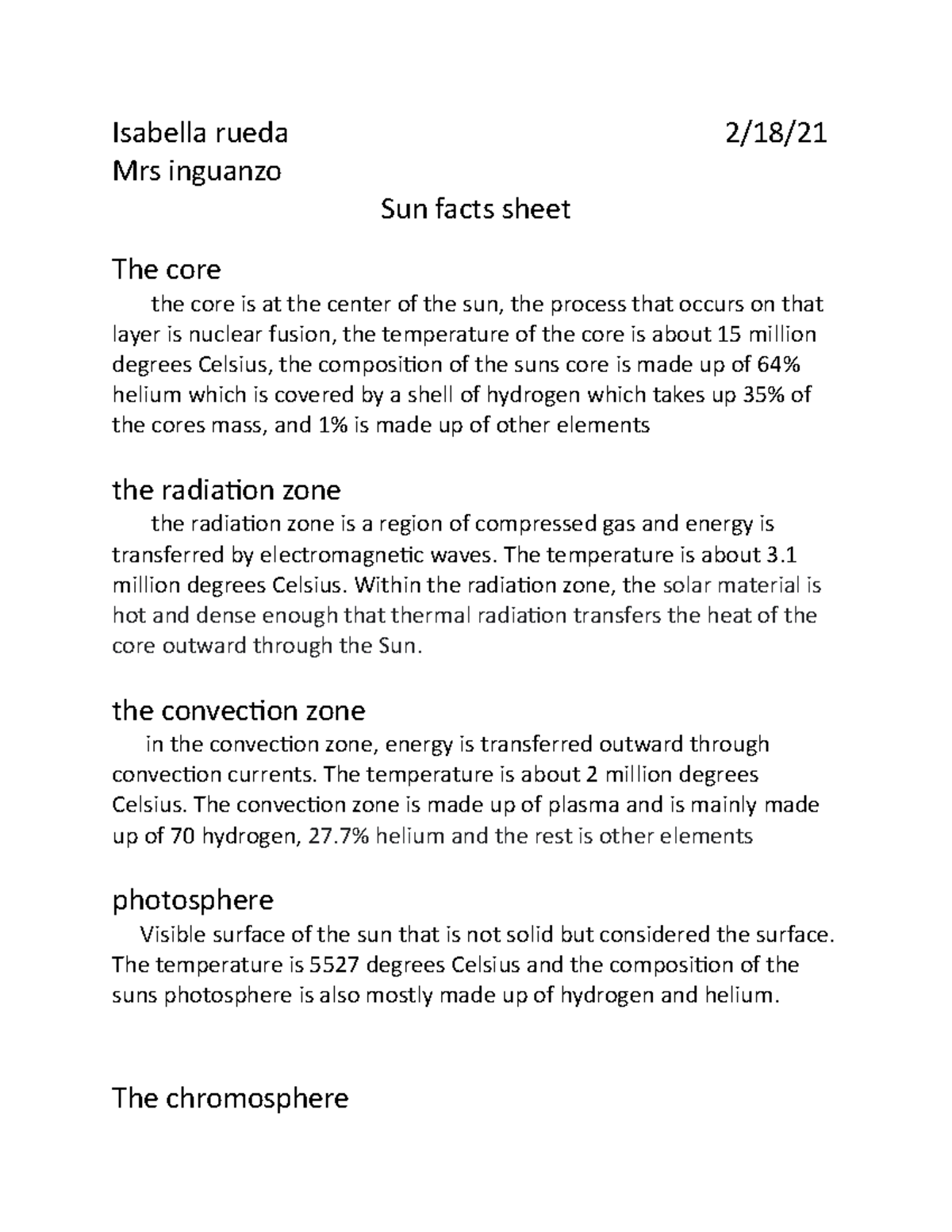 Sun facts sheet - ur mom I just need the free access lol - Isabella ...