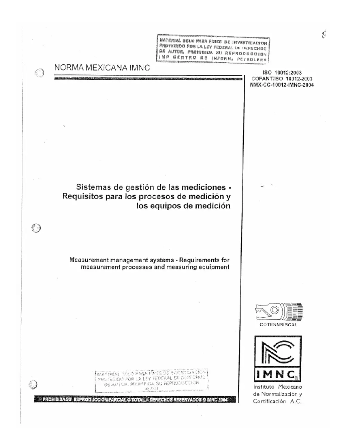 NMX CC 10012 IMNC - ingenieria de metodos - Studocu