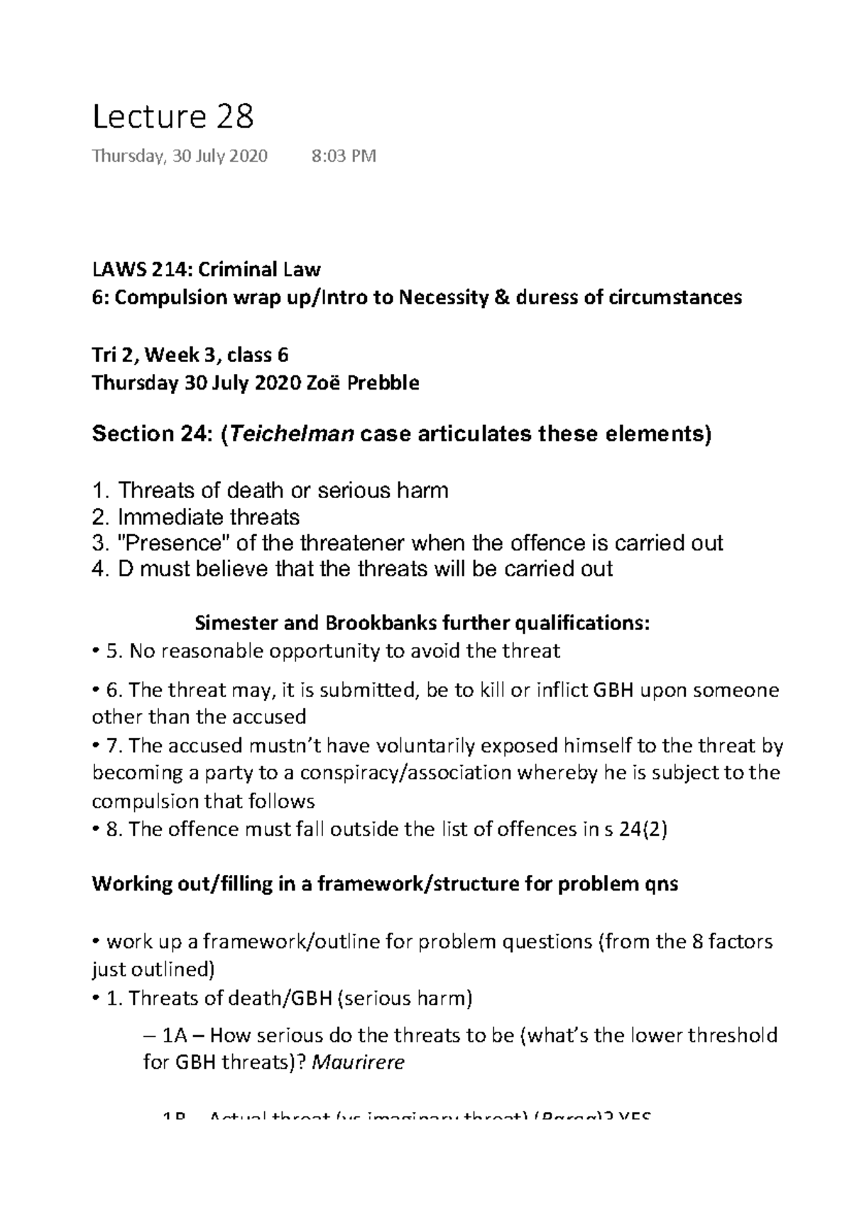 Lecture 28 - LAWS 214: Criminal Law 6: Compulsion wrap up/Intro to ...