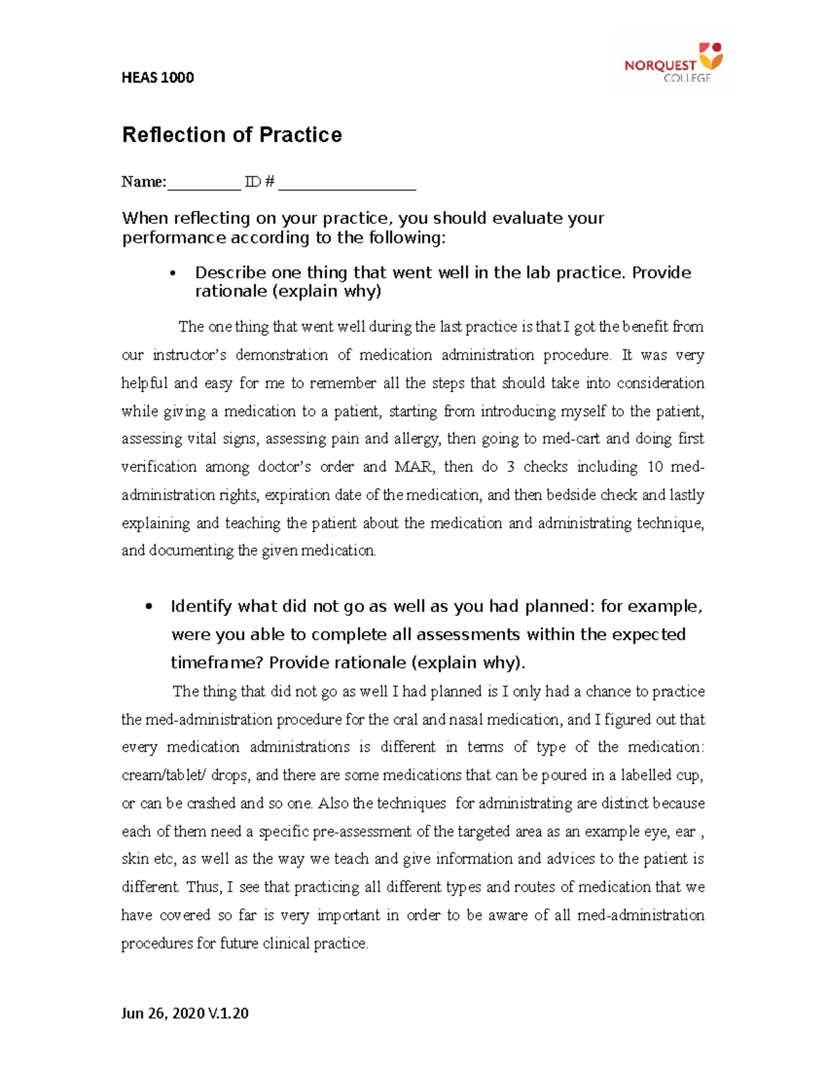 Reflection of Practice med-administration lab - HEAS 1000 Reflection of ...