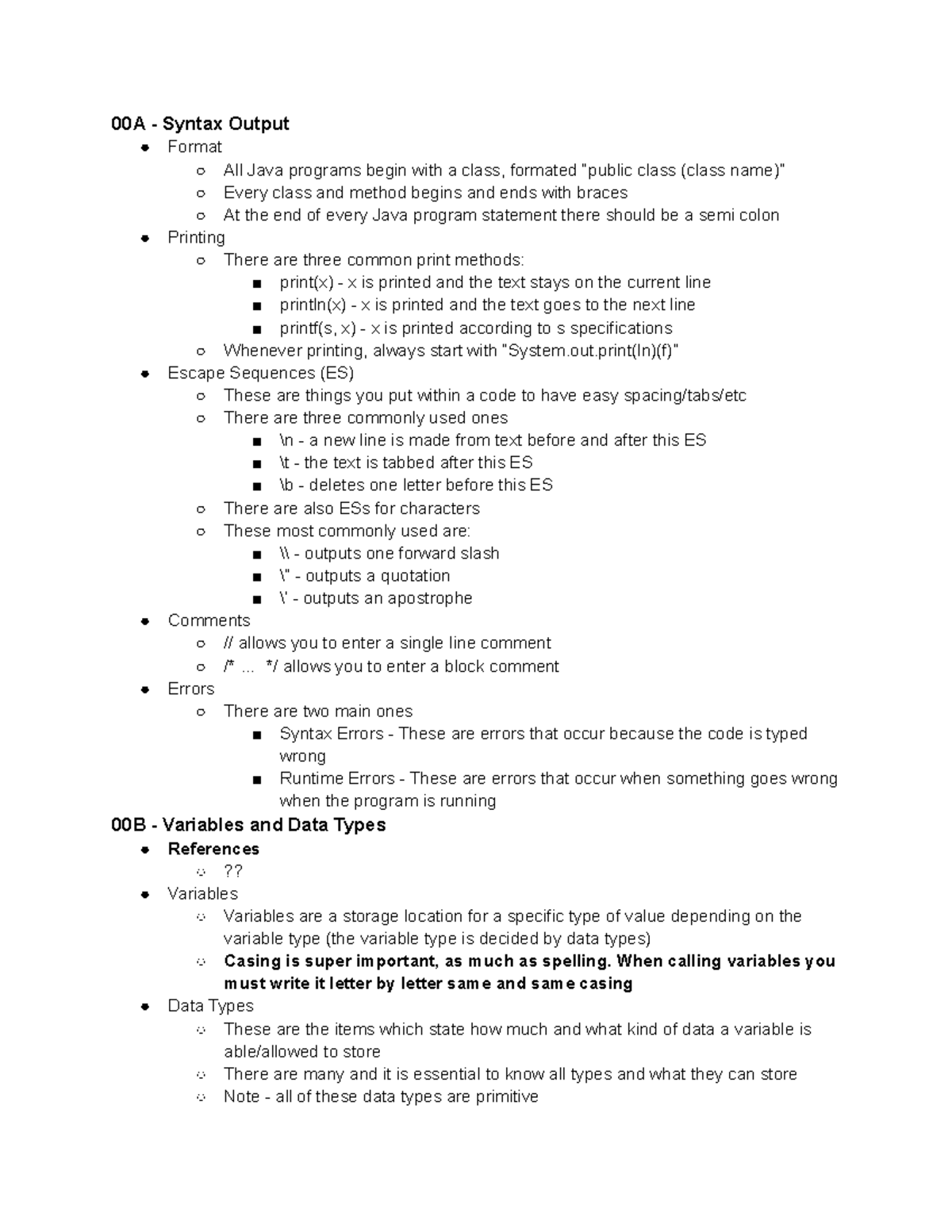 Unit 0 Notes Comp Sci Java 00a Syntax Output Format All Java