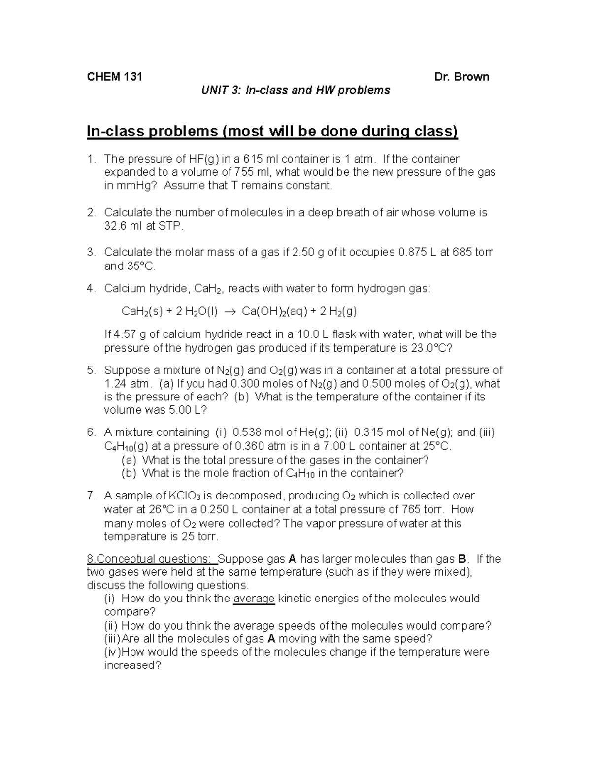 (3) Problems - CHEM 131 Dr. Brown UNIT 3: In-class and HW problems In ...