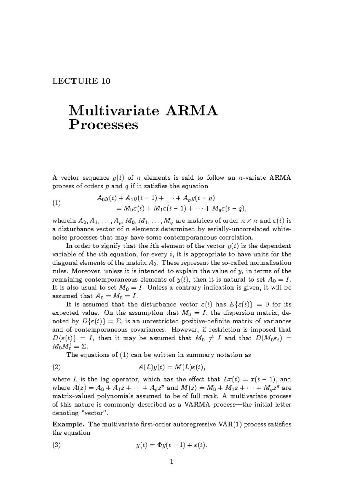 Multivariate Arma Processes Lecture Notes 10 Lecture 10 Multivariate Arma Processes A Vector