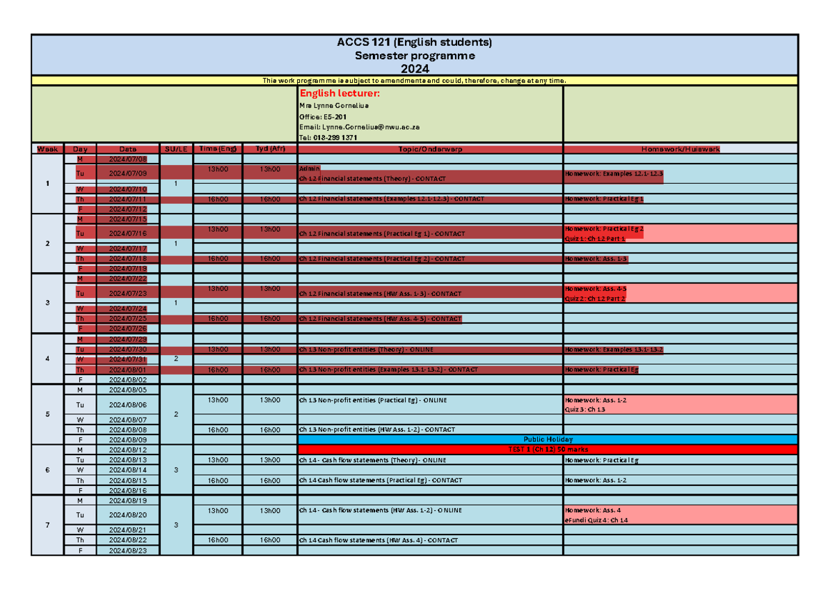 Semester programme - English lecturer: ACCS 121 (English students) TEST ...