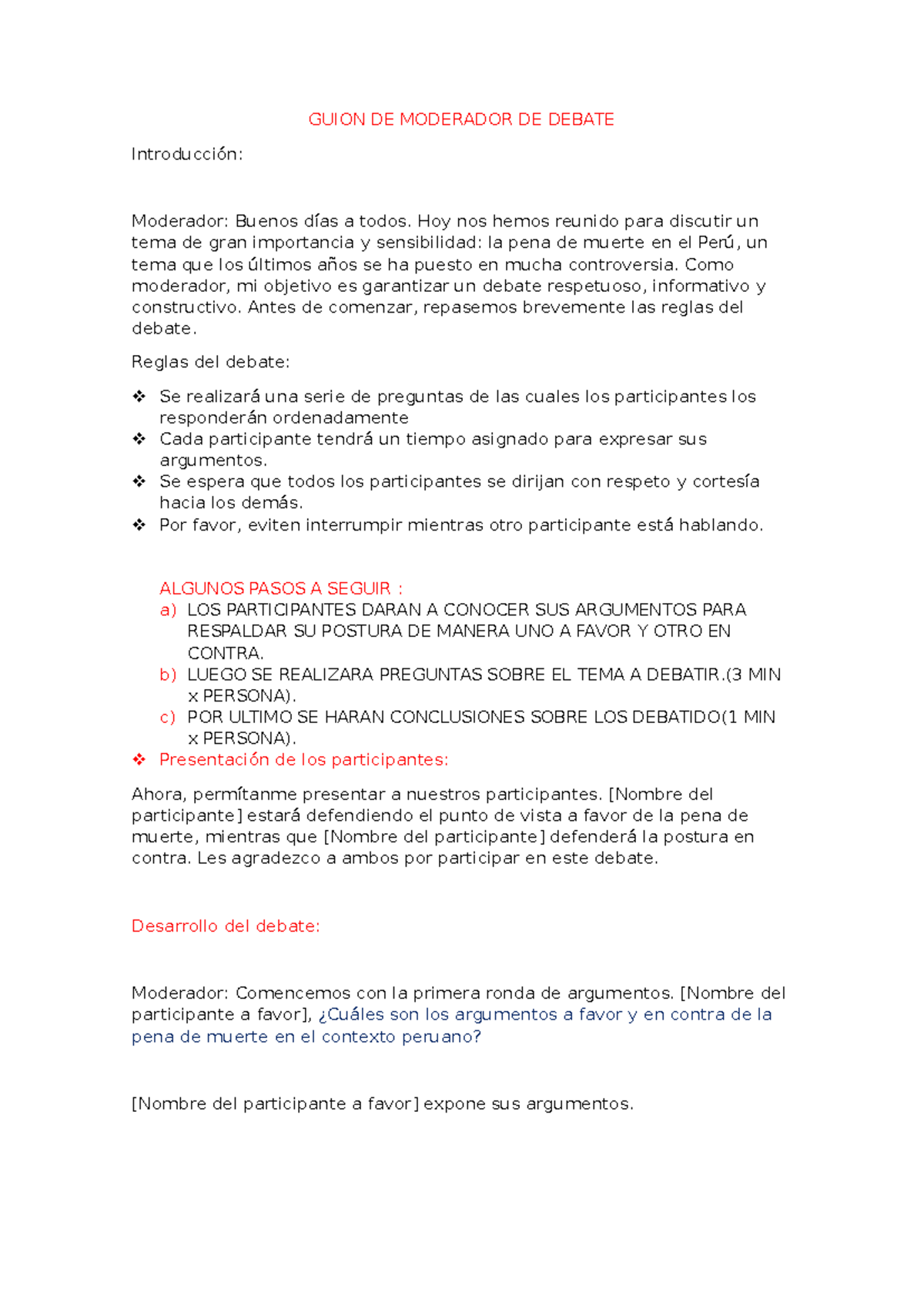 Guion DE Moderador DE Debate - GUION DE MODERADOR DE DEBATE ...