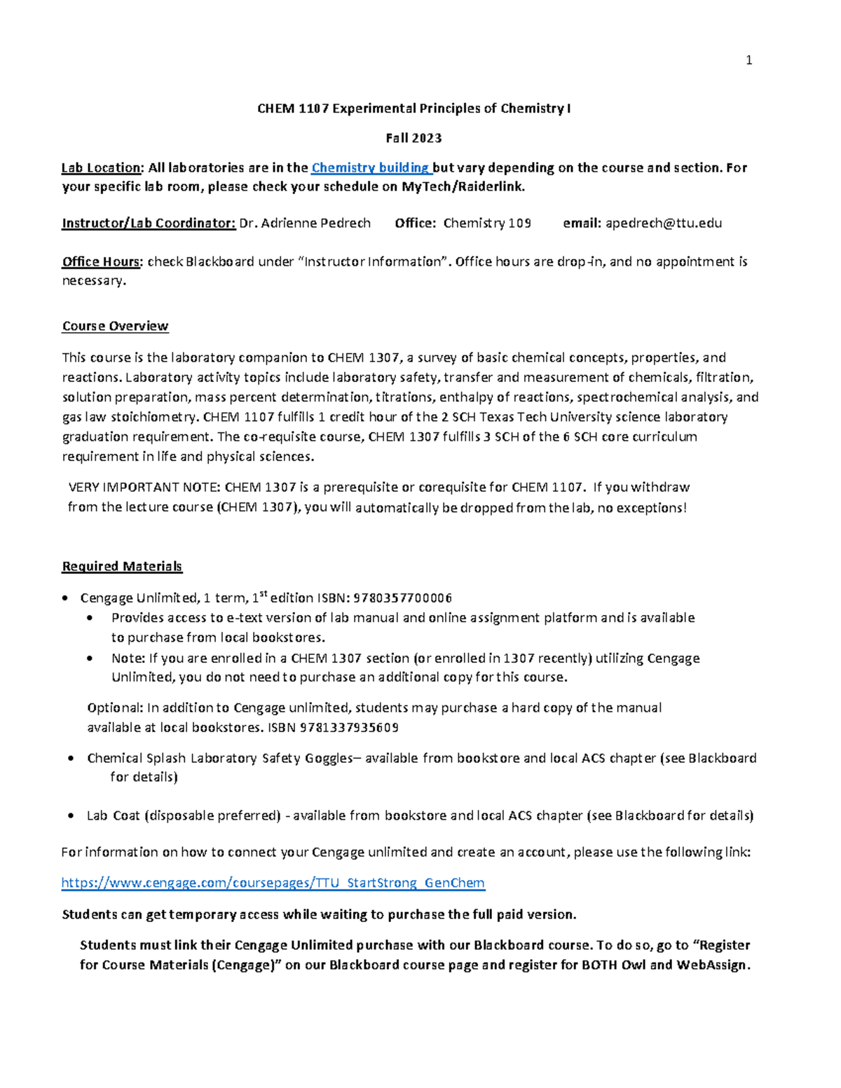FALL 2023 Chem 1107 syllabus - CHEM 1107 Experimental Principles of ...