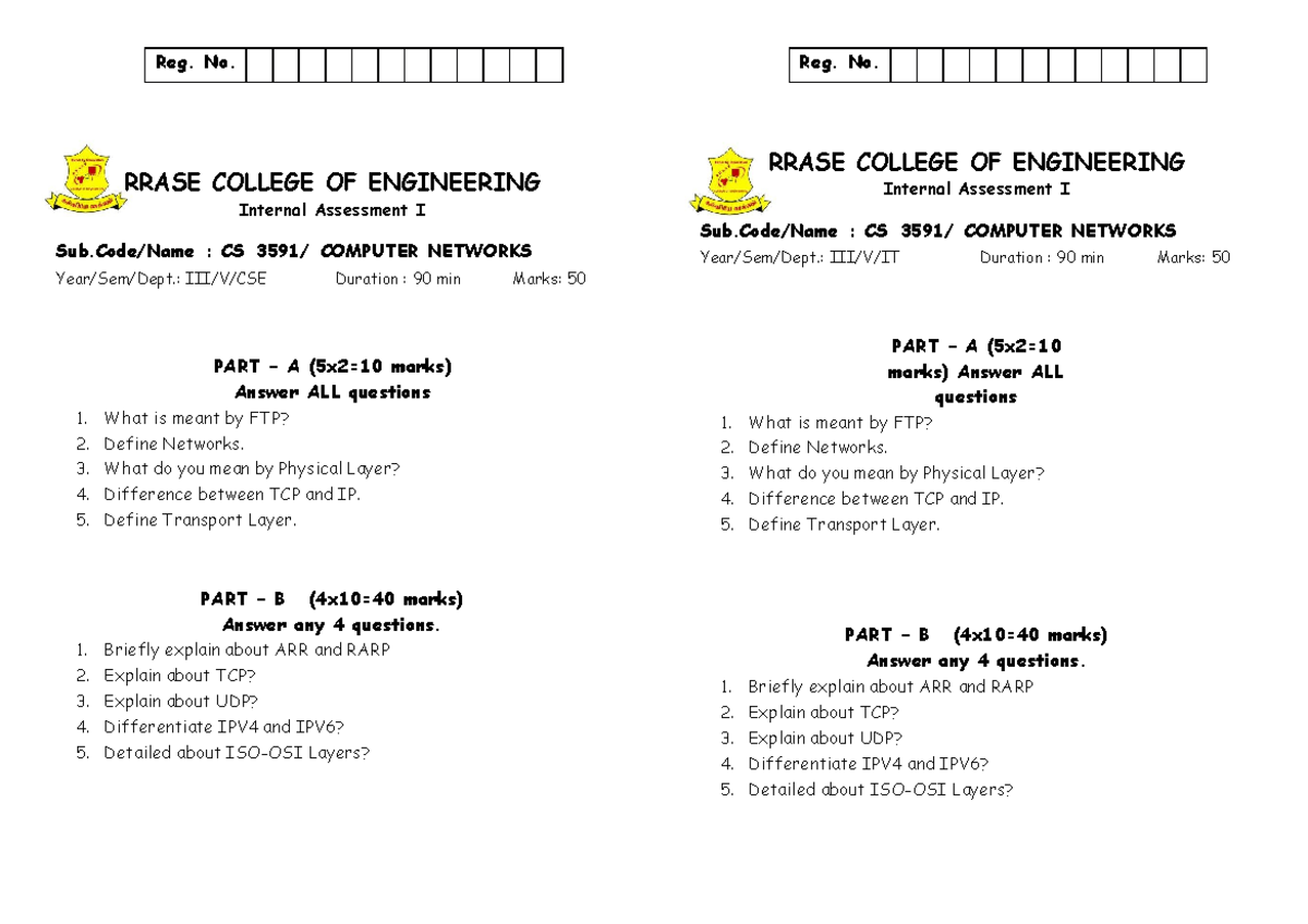 UNIT TEST 1 CS3591 - RRASE COLLEGE OF ENGINEERING Internal Assessment I ...