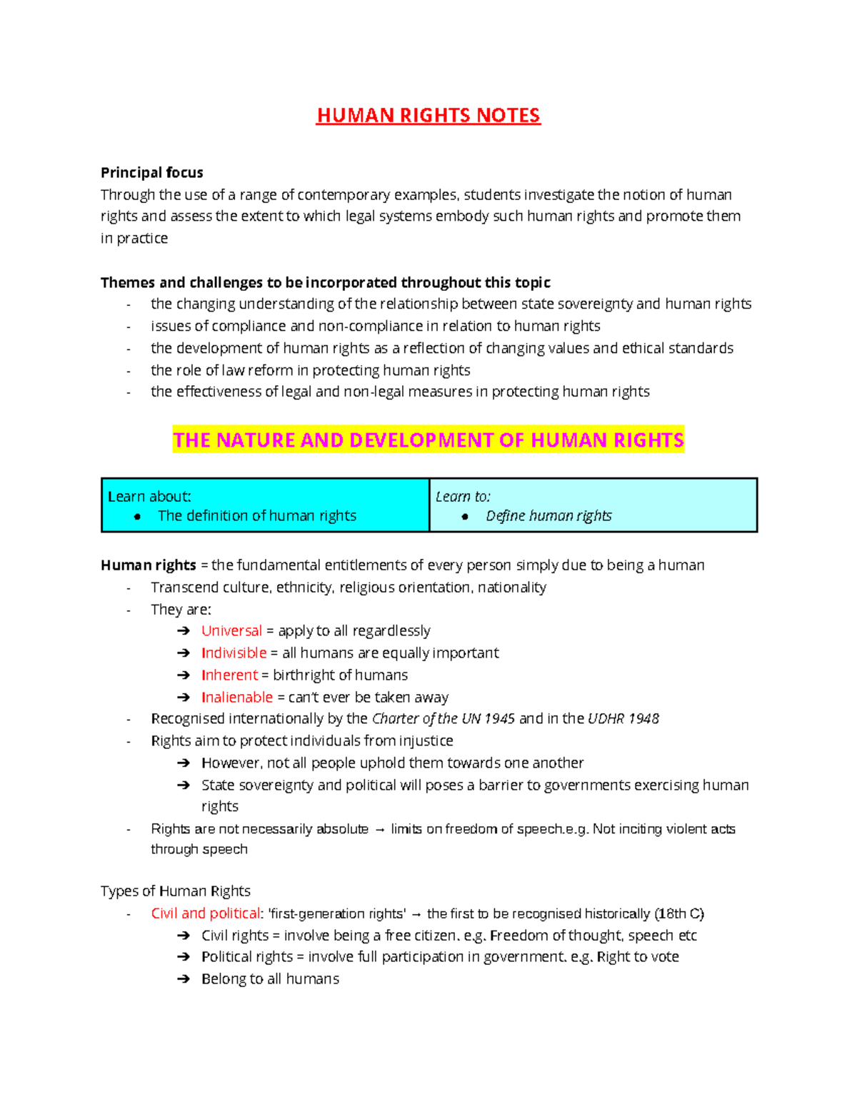 Human Rights Notes - HUMAN RIGHTS NOTES Principal focus Through the use ...