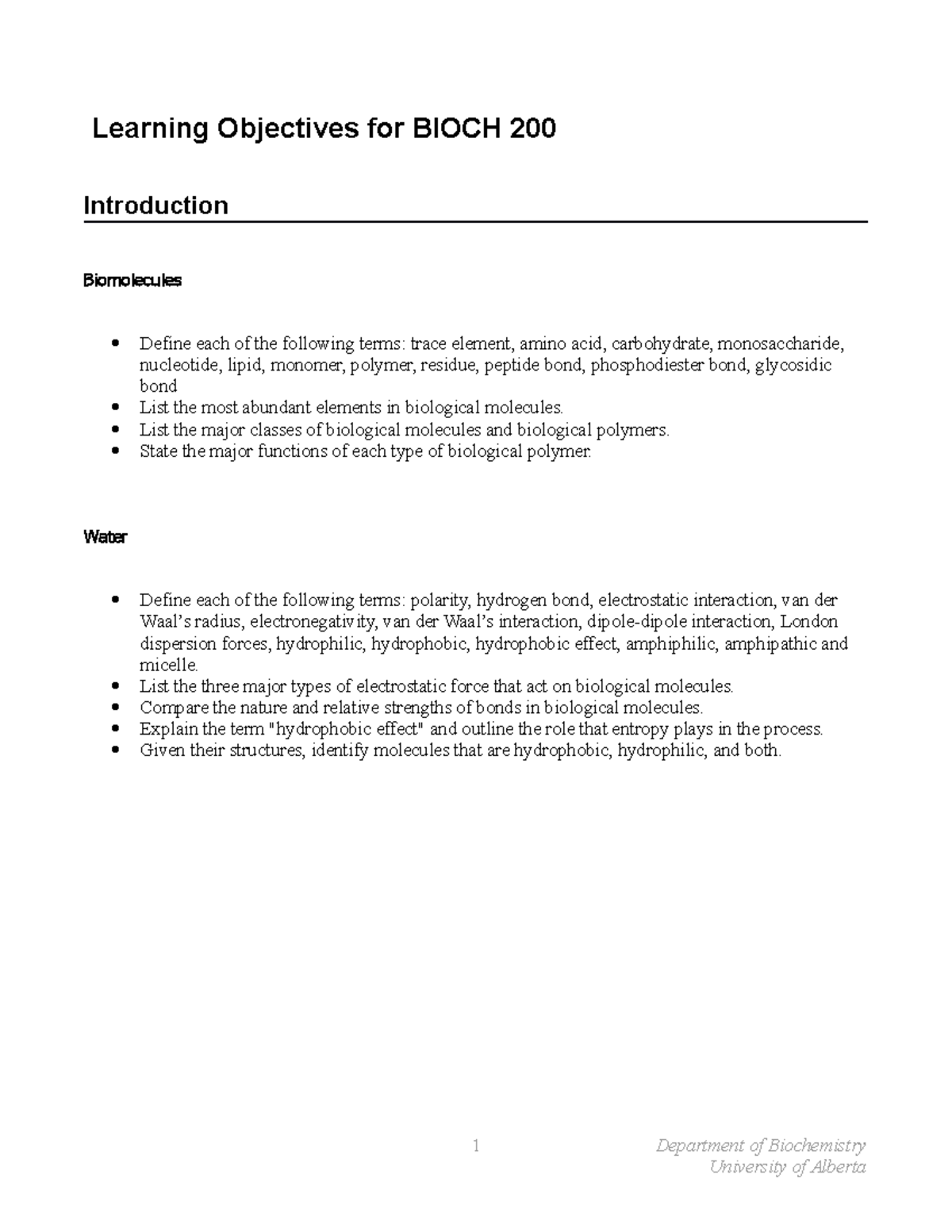 Bioch 200 Study Guide-Fall 2018 - Learning Objectives for BIOCH 200 ...