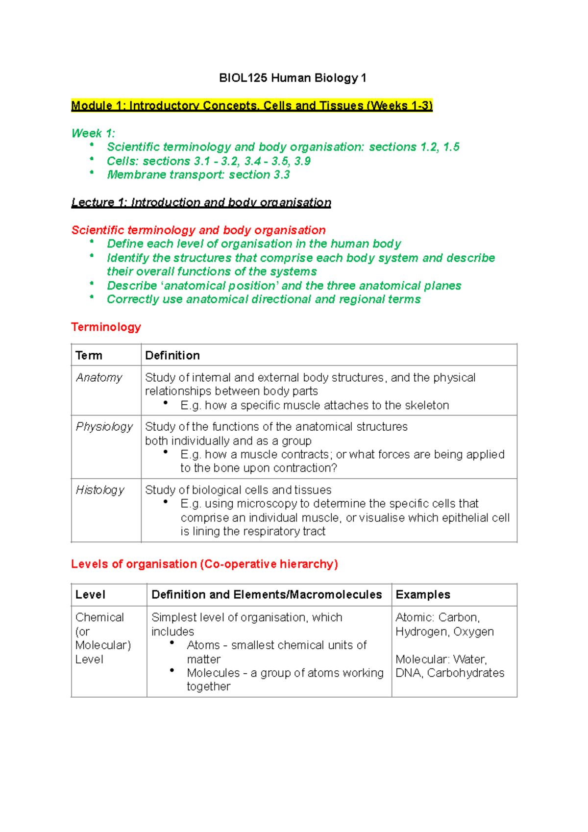BIOL125 Human Biology 1 Notes 1 - BIOL125 Human Biology 1 Module 1 ...