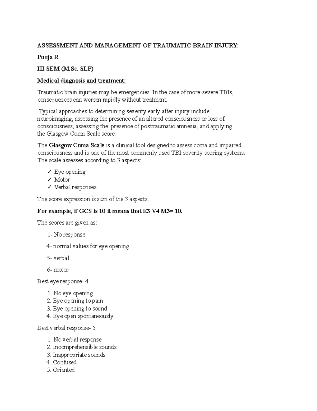 Assessment AND Management OF Traumatic Brain Injury - ASSESSMENT AND ...