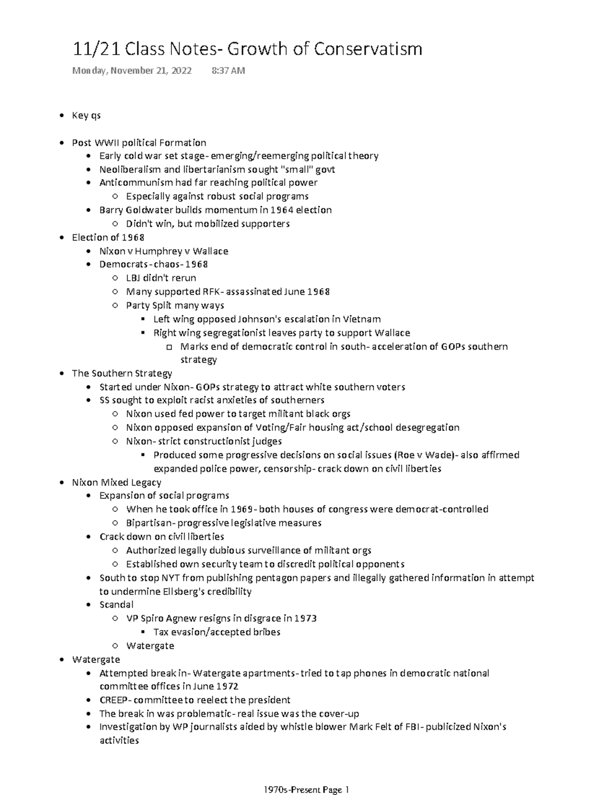 11/21 Class Notes- Growth of Conservatism - Key qs Post WWII political ...