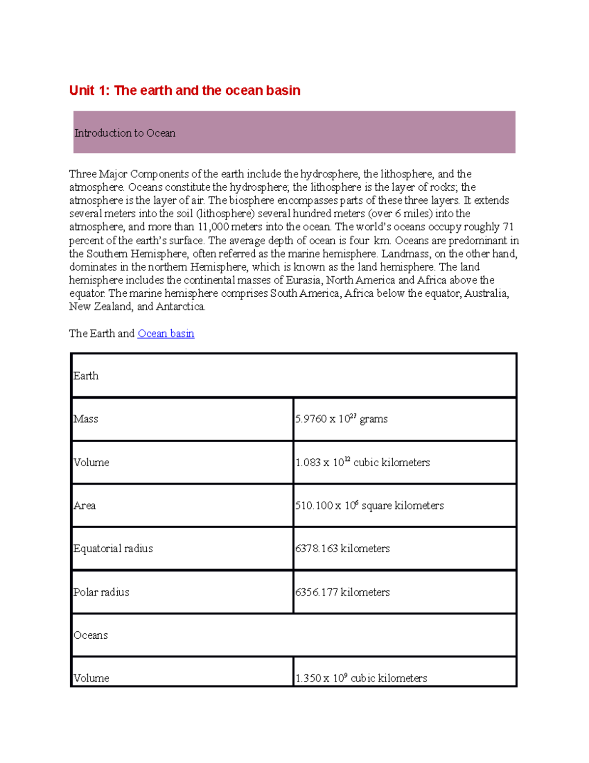 Oceanography - Unit 1: The earth and the ocean basin Introduction to ...