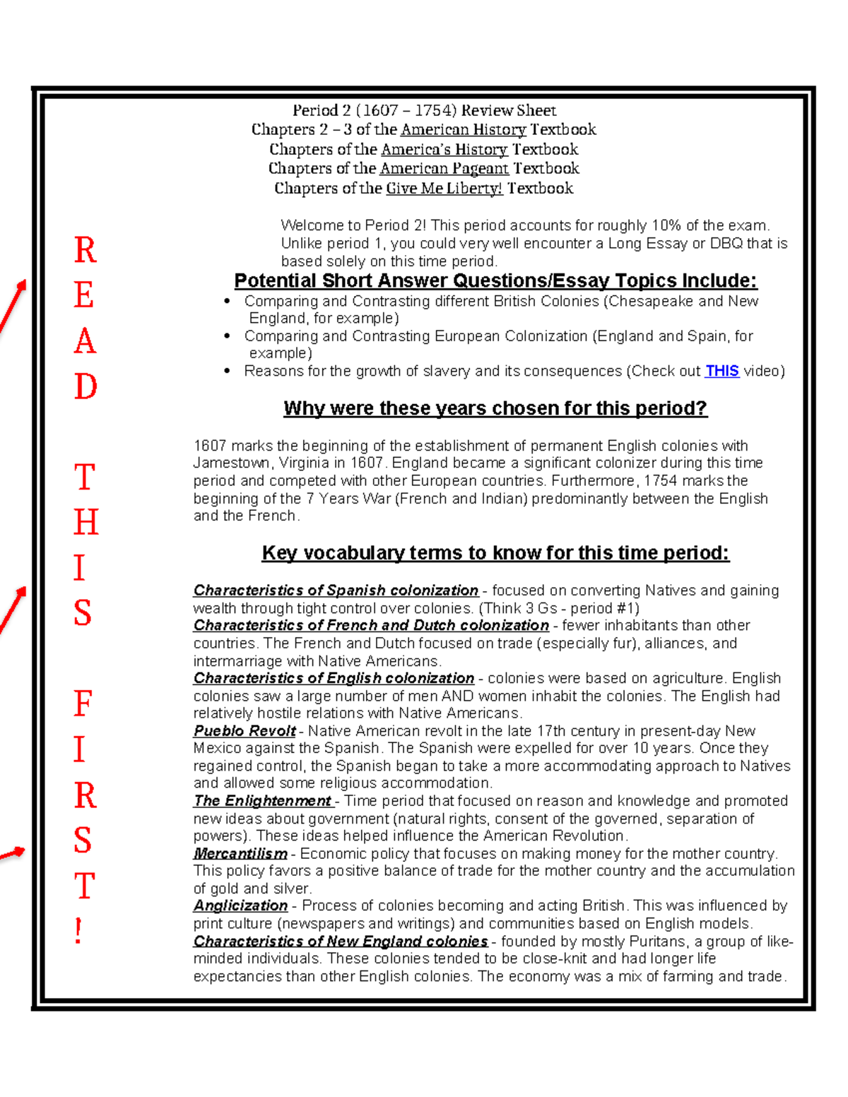 Period 2 - Period 2 (1607 – 1754) Review Sheet Chapters 2 – 3 of the ...