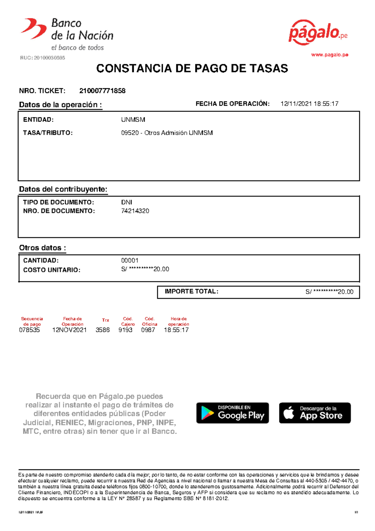 Constancias Pago 210007771858 - CONSTANCIA DE PAGO DE TASAS RUC: 20100030595 pagalo FECHA DE ...