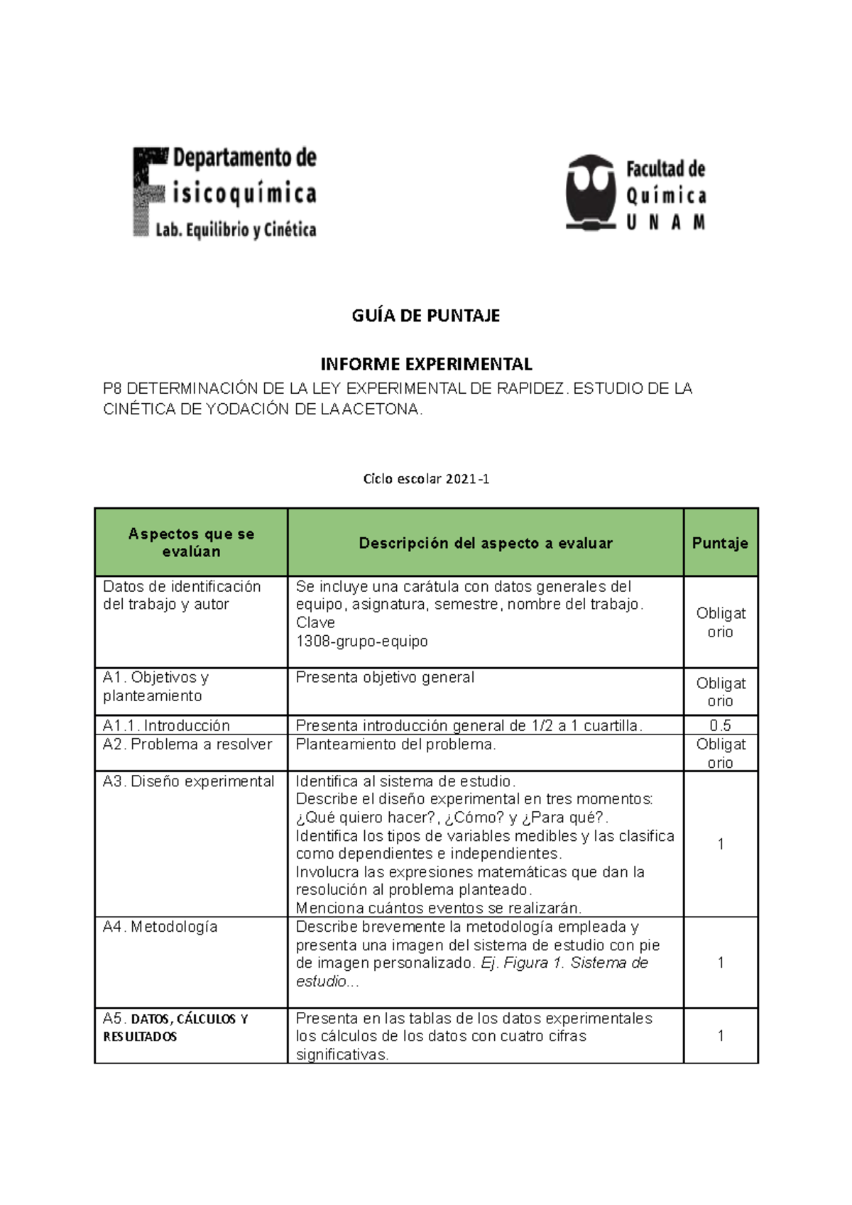 1308 Guía P reporte P8 Orden de reacción - GUÍA DE PUNTAJE INFORME EXPERIMENTAL P8 DETERMINACIÓN ...
