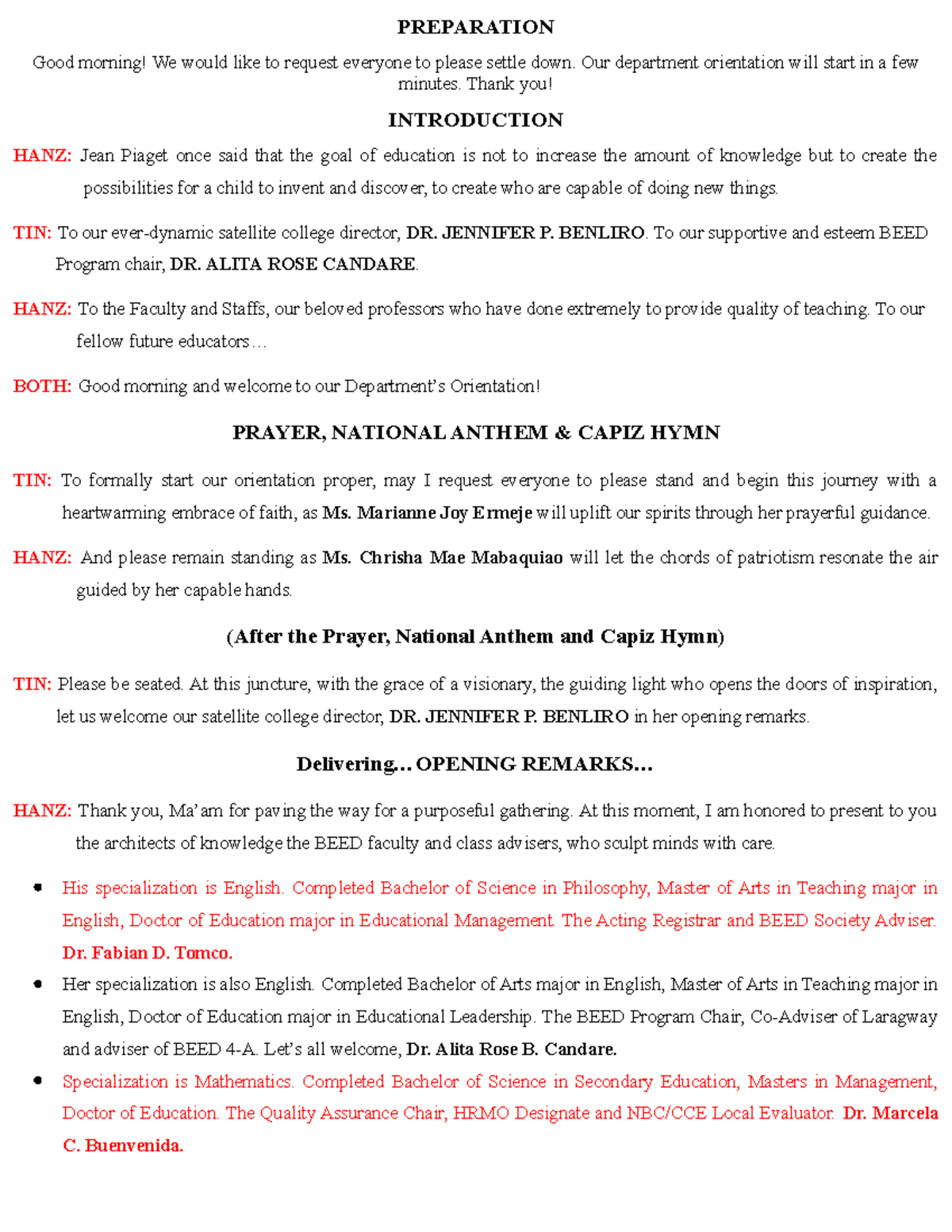 Emcee Script FOR 4TH YEAR Orientation - PREPARATION Good morning! We ...