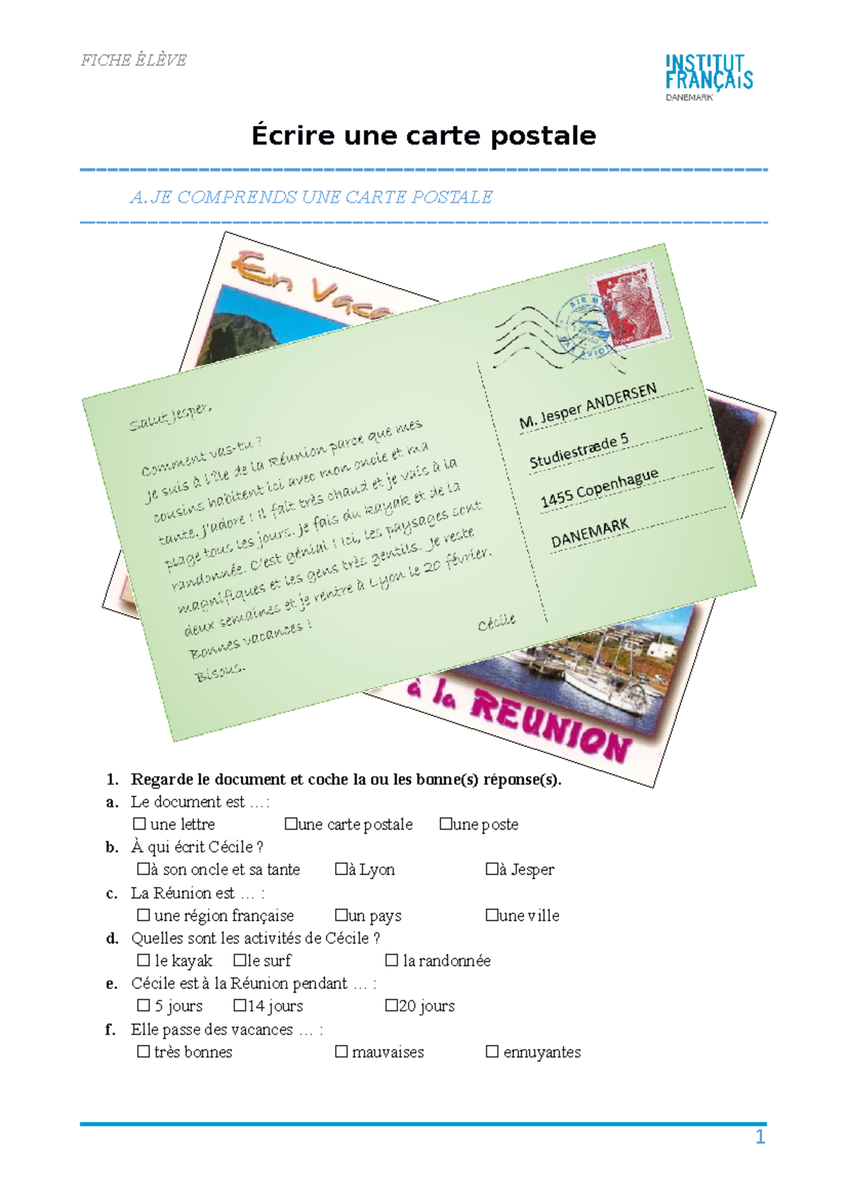4. Fiche Carte Postale eleve - Écrire une carte postale A. JE COMPRENDS ...